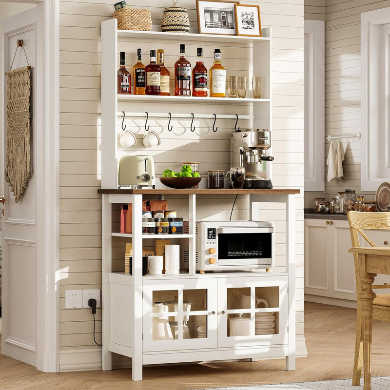 Leader Books Farmhouse Bakers Rack with Power Outlets and Storage, Soft ...