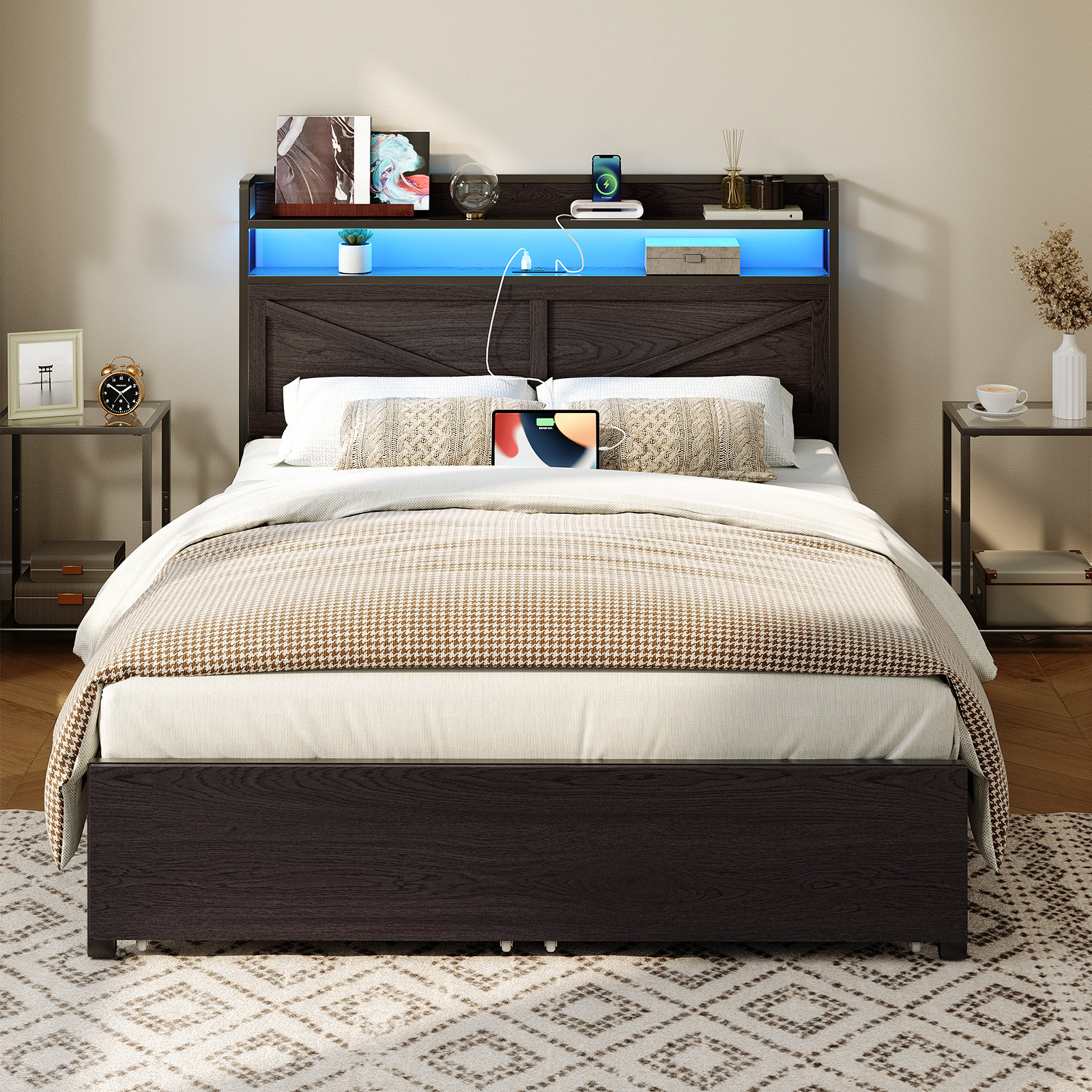 Wade Logan® Bejo Metal Storage Bed Frame with LED Light and Charging ...