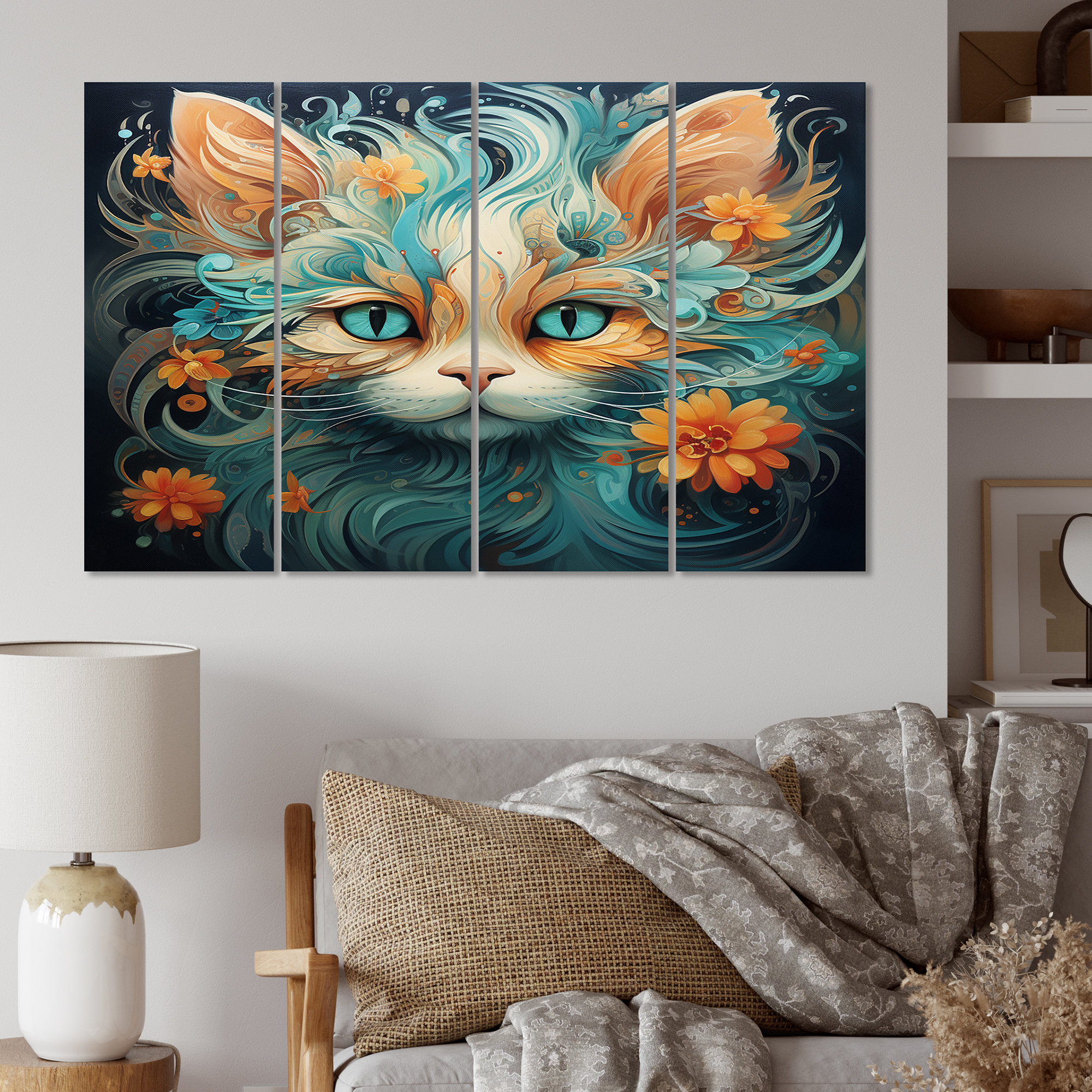 Winston Porter Magical Amber And Teal Cat With Flowers I - Animals Cat ...