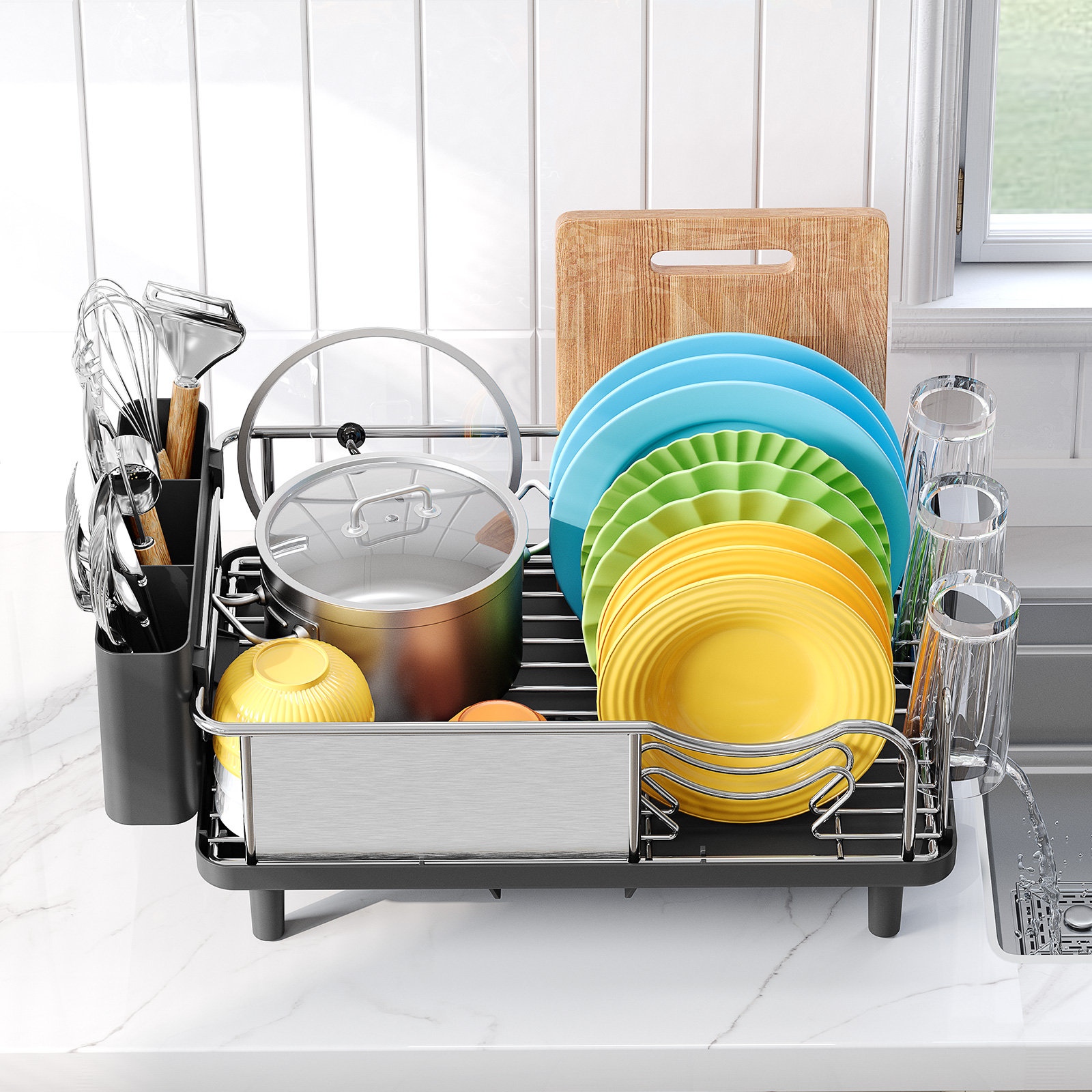 KINGRACK Stainless Steel Dish Drying Rack with Cutlery Holder,Extra ...