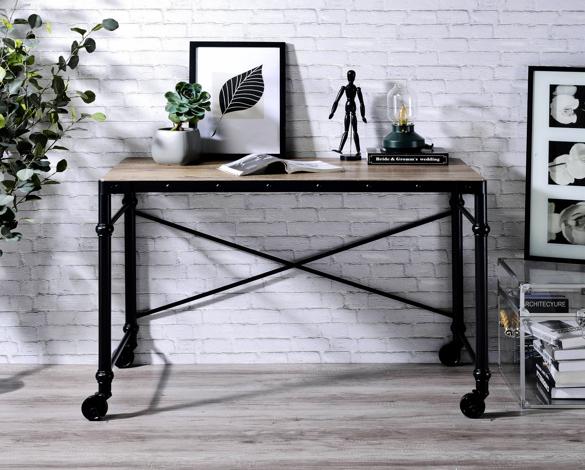 Williston Forge Metal Frame Writing Desk With Wheels And Nailhead ...