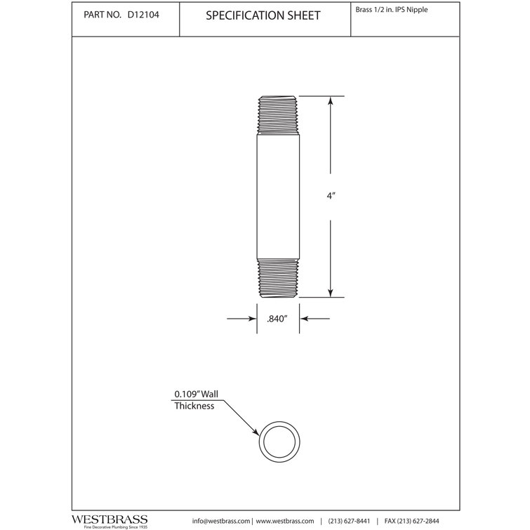 Westbrass D12104-12A ½” X 4" IPS Brass Pipe Nipple | Wayfair