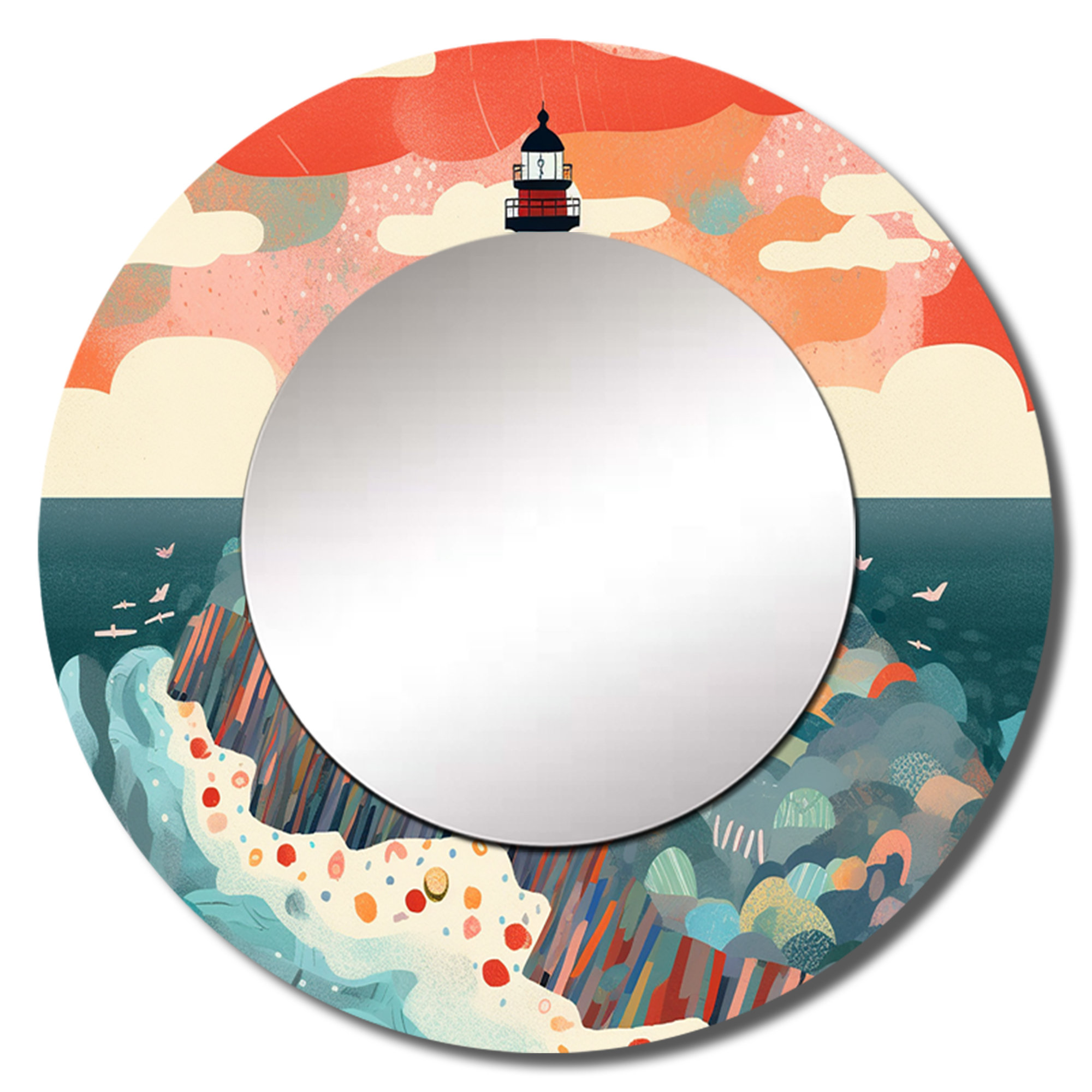 Design Art Coastal Lighthouse I - Coastal Round Mirror Wall Decor | Wayfair