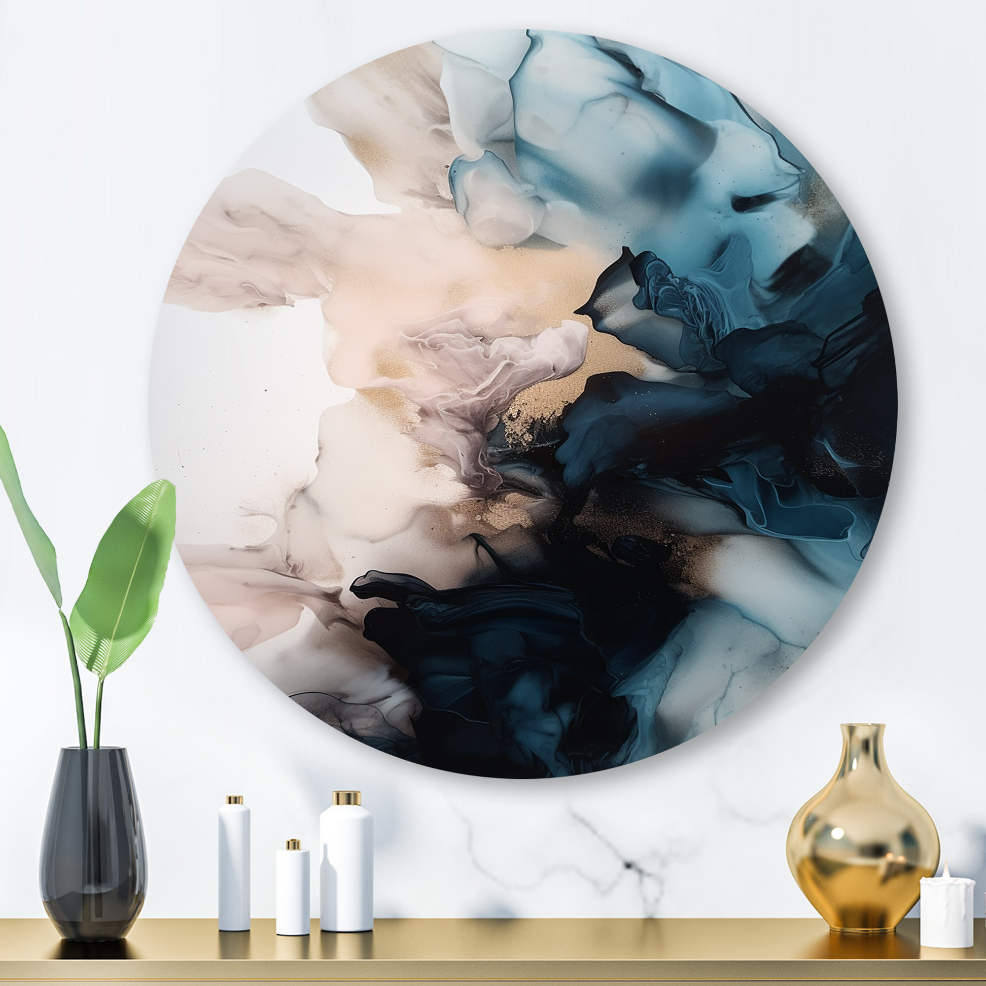 Mercer41 Dylann Blue And Black Fluid Stone II - Abstract Marble Round ...