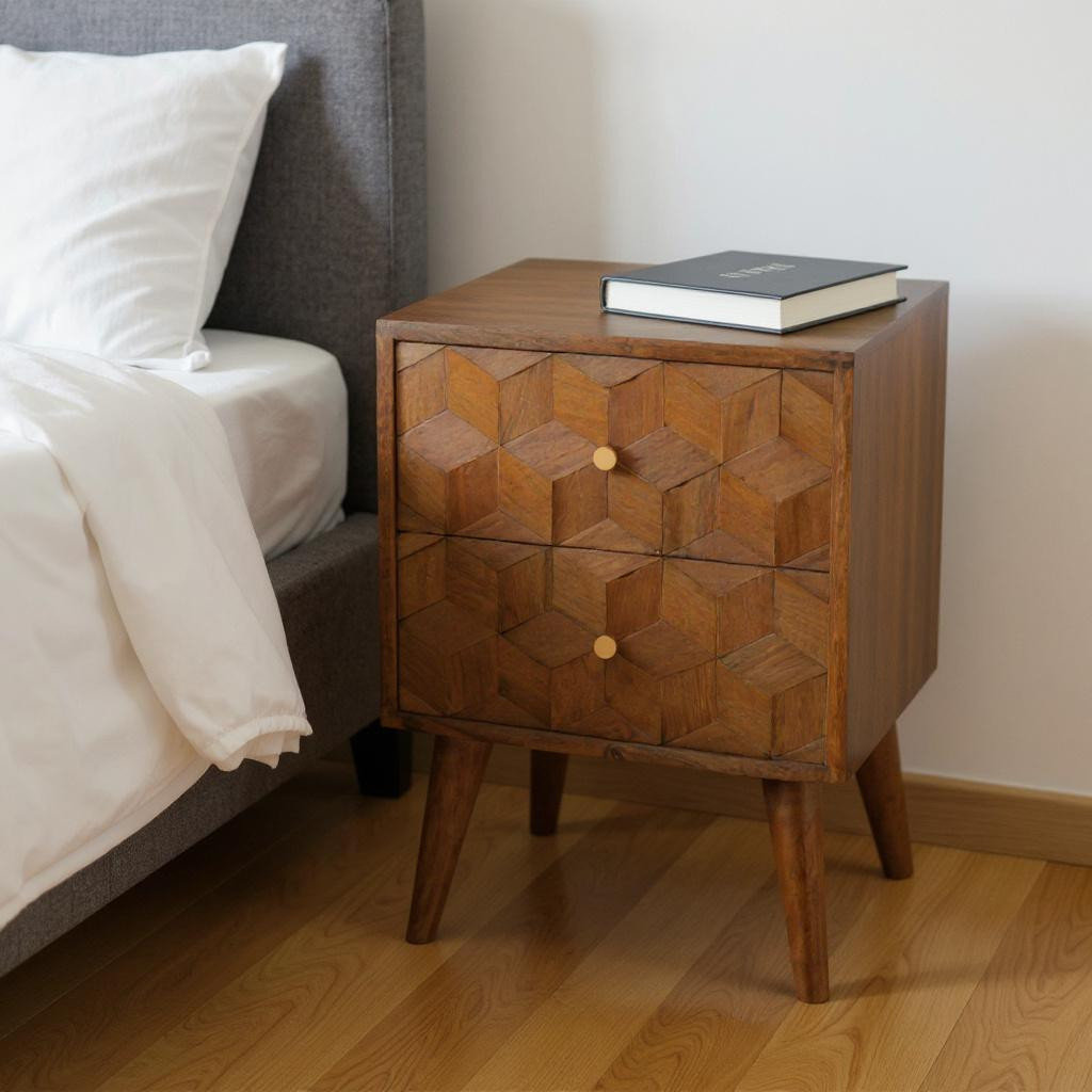 HomeRoots 22" Chestnut Solid Wood Carved Geometric Two Drawer ...