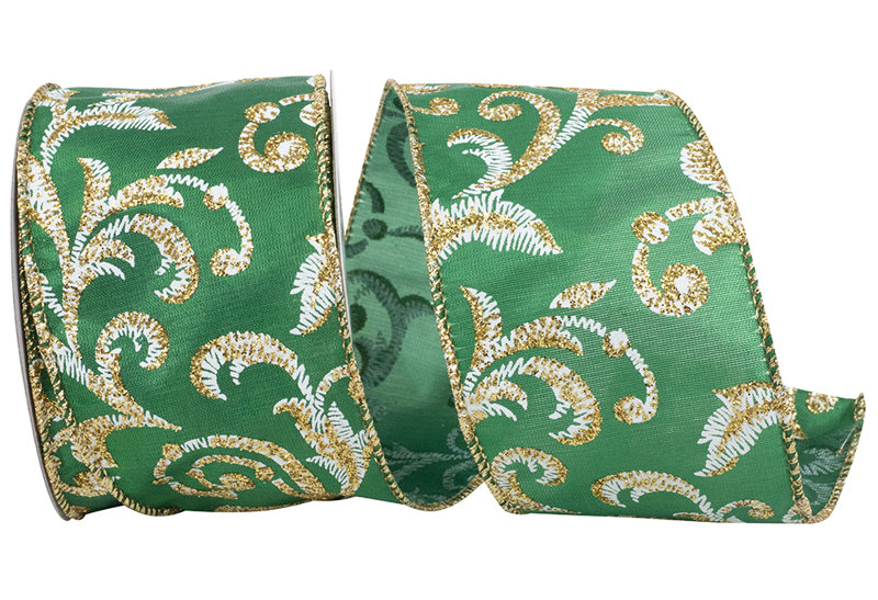 The Holiday Aisle® Scroll Filigree Glitter Iridescent Satin Wired Edge ...