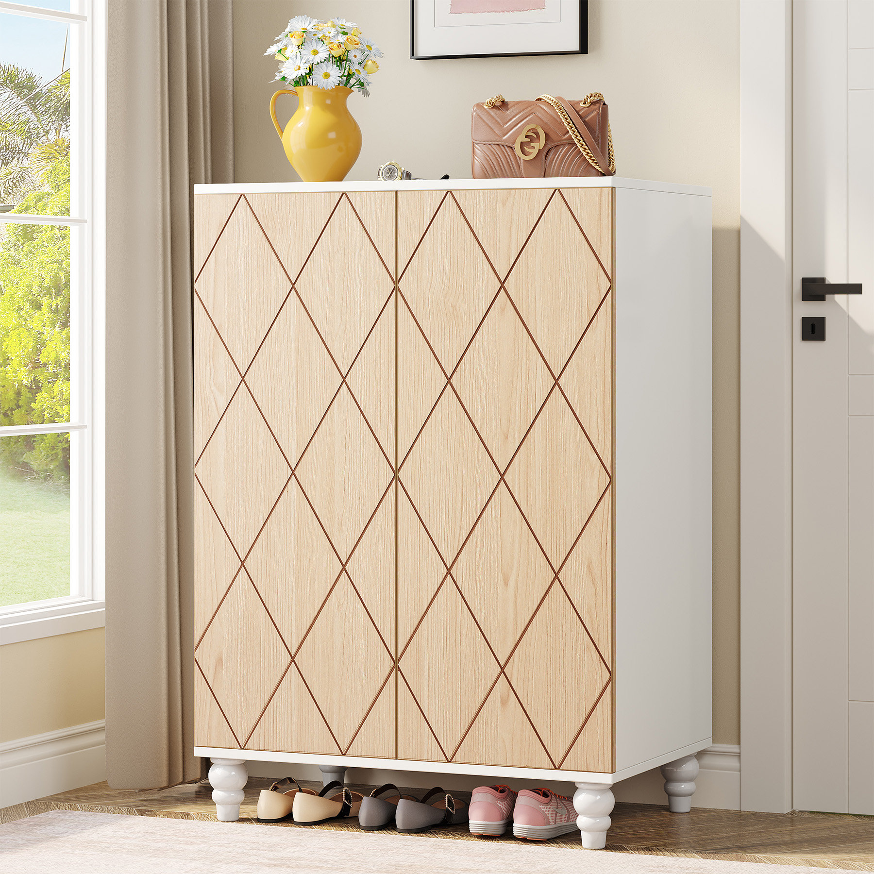Alcott Hill Geometric Diamond Pattern Shoe Cabinet With Solid Wood Legs ...