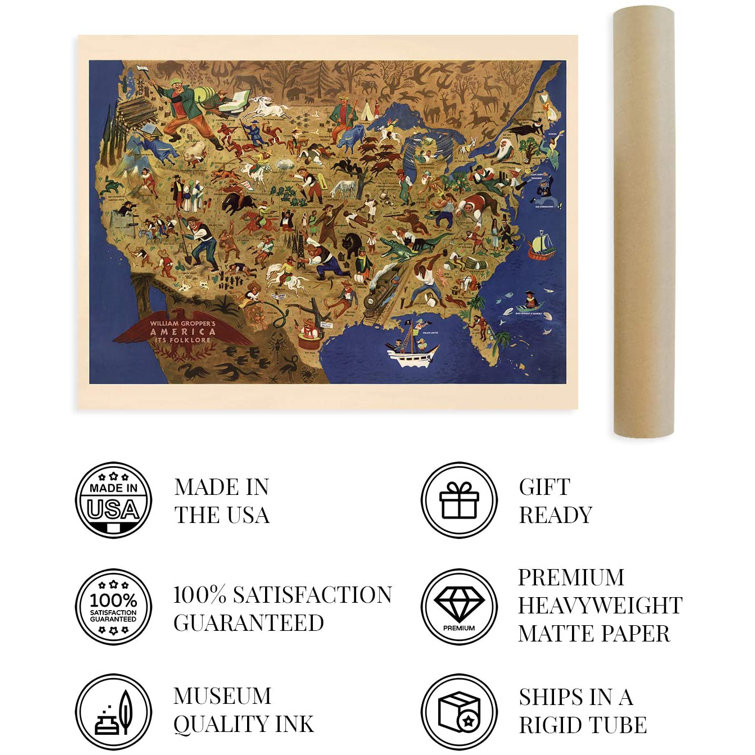 HISTORIC PRINTS HISTORIX Vintage 1946 Map Of America And Its Folklore ...