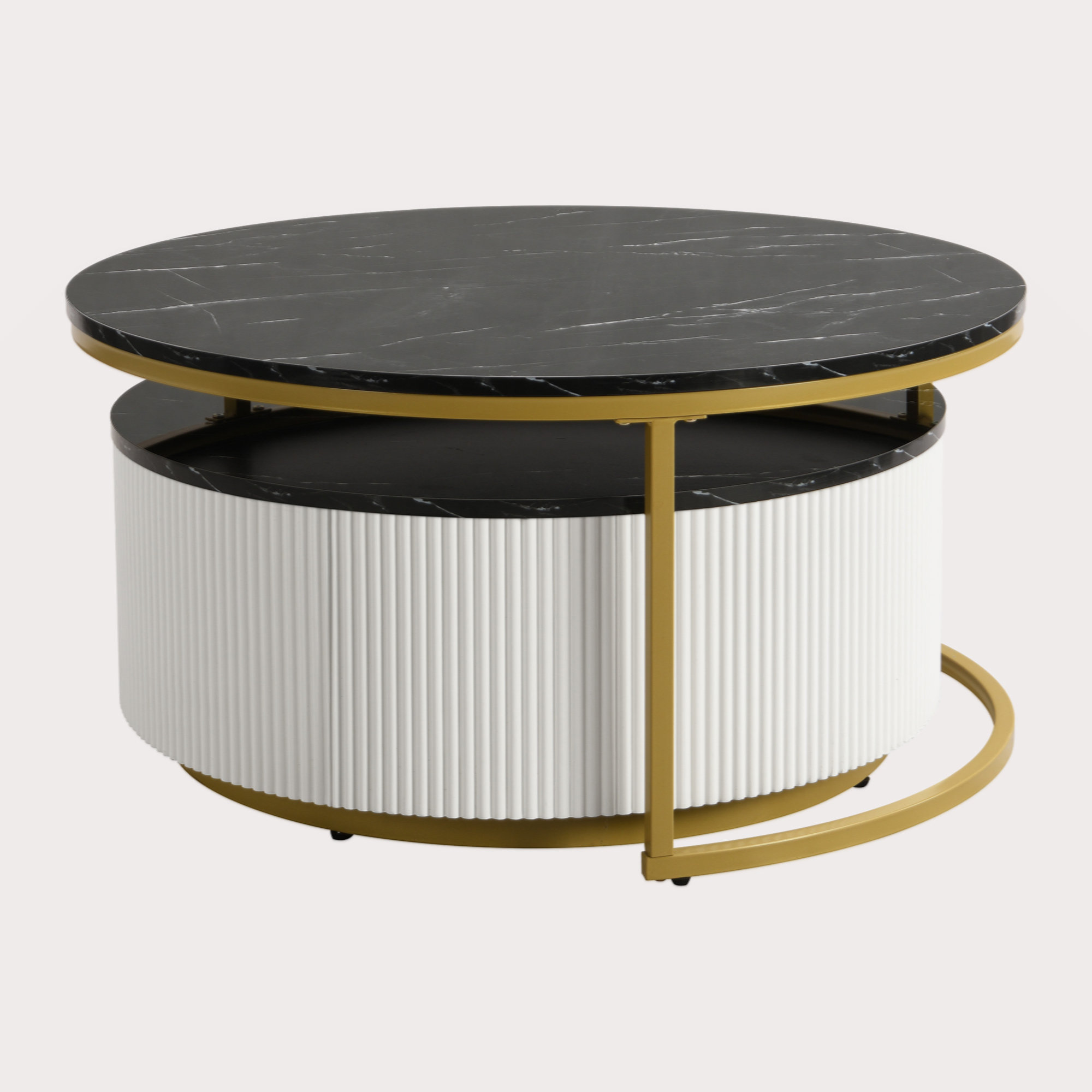 Mercer41 Modern Round Nesting Coffee Table Fluted With Drawer In White ...