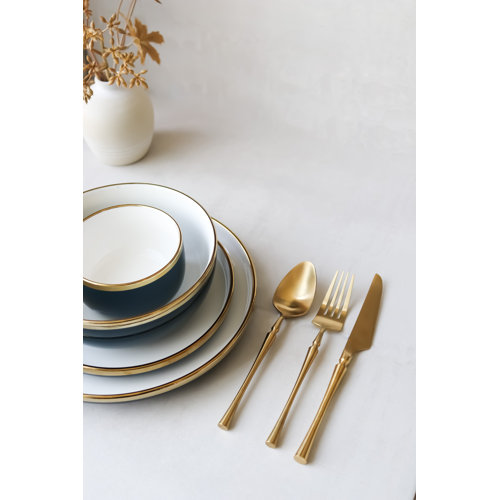 Everly Quinn Jahzaria Dark Blue Dinnerware Set with Gold Rim, Soup ...