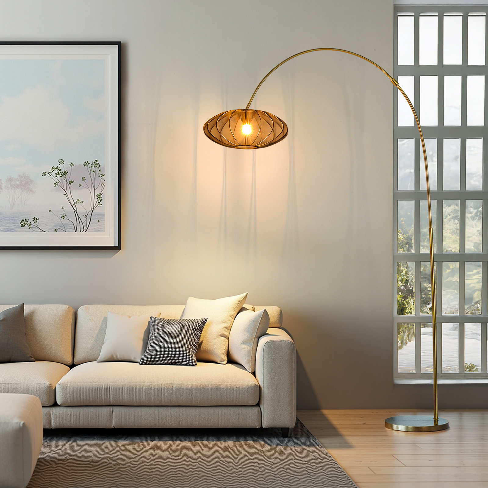 Mercer41 77'' Large Overhanging Floor Lamp With Black Mesh Fabric Shade ...