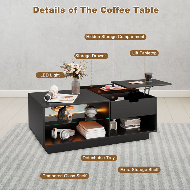 Wrought Studio™ Jullisa 42.5 "Lift Top Coffee Table With RGB LED Lights ...