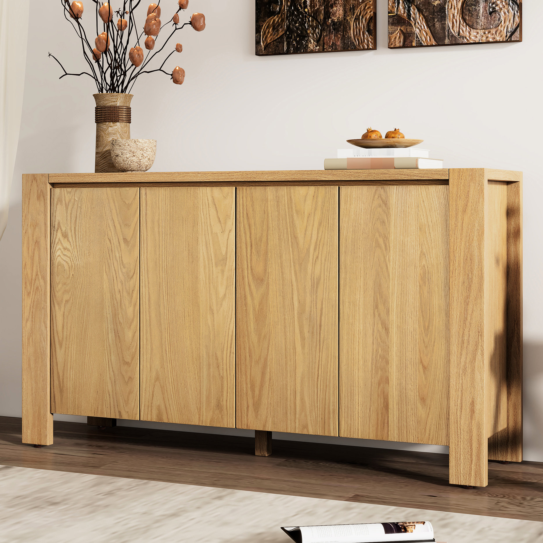 Ebern Designs Retro 4-Door Wood Sideboard, Spacious Storage, Adjustable ...