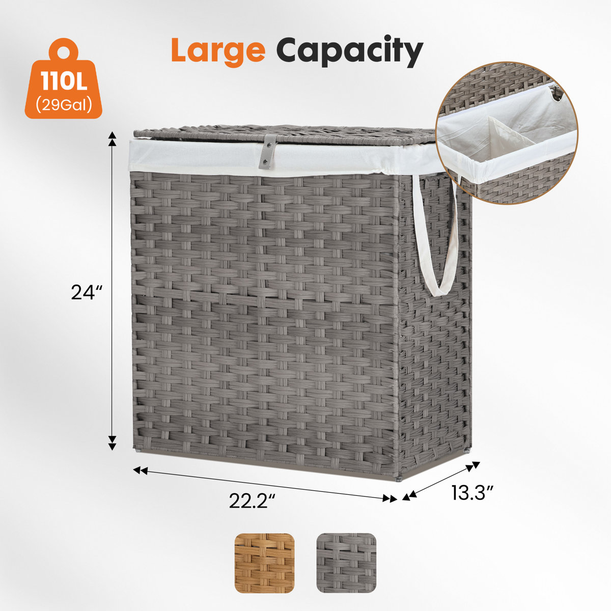 Winston Porter Wicker Laundry Hamper with Lid, 90L/110L Storage ...