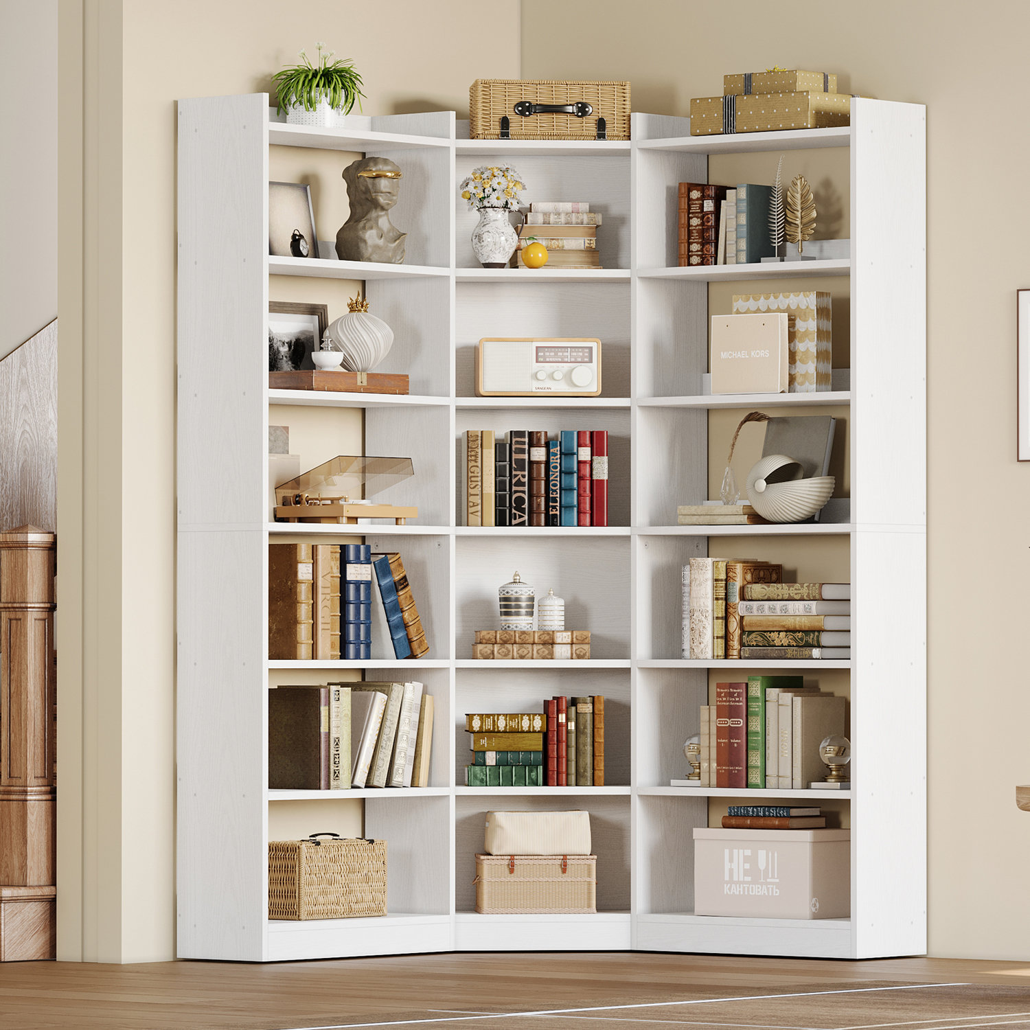 Latitude Run® Corner Bookshelf, 7-tier Bookshelf With Storage, Corner Bookcases With Baffles ...