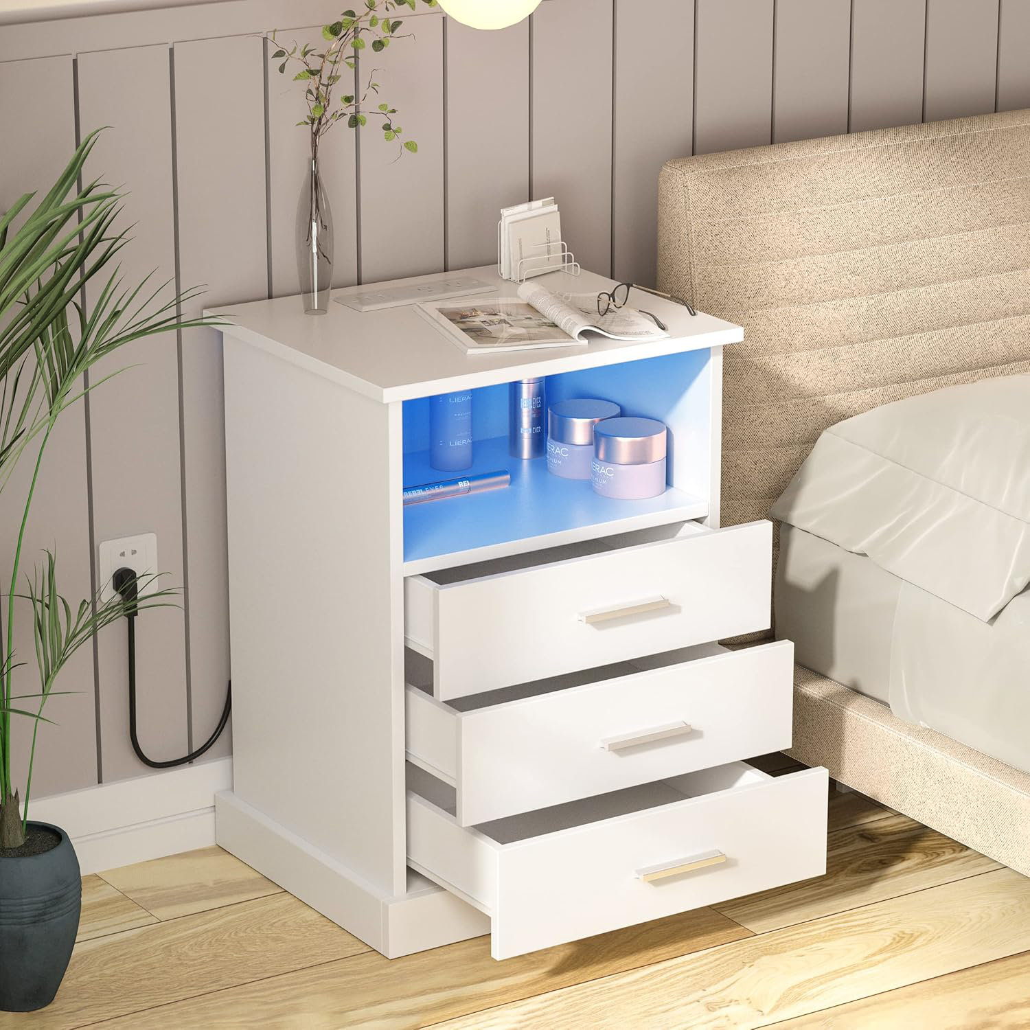 Ivy Bronx Nightstand with Charging Station, LED Lights Side Table with ...