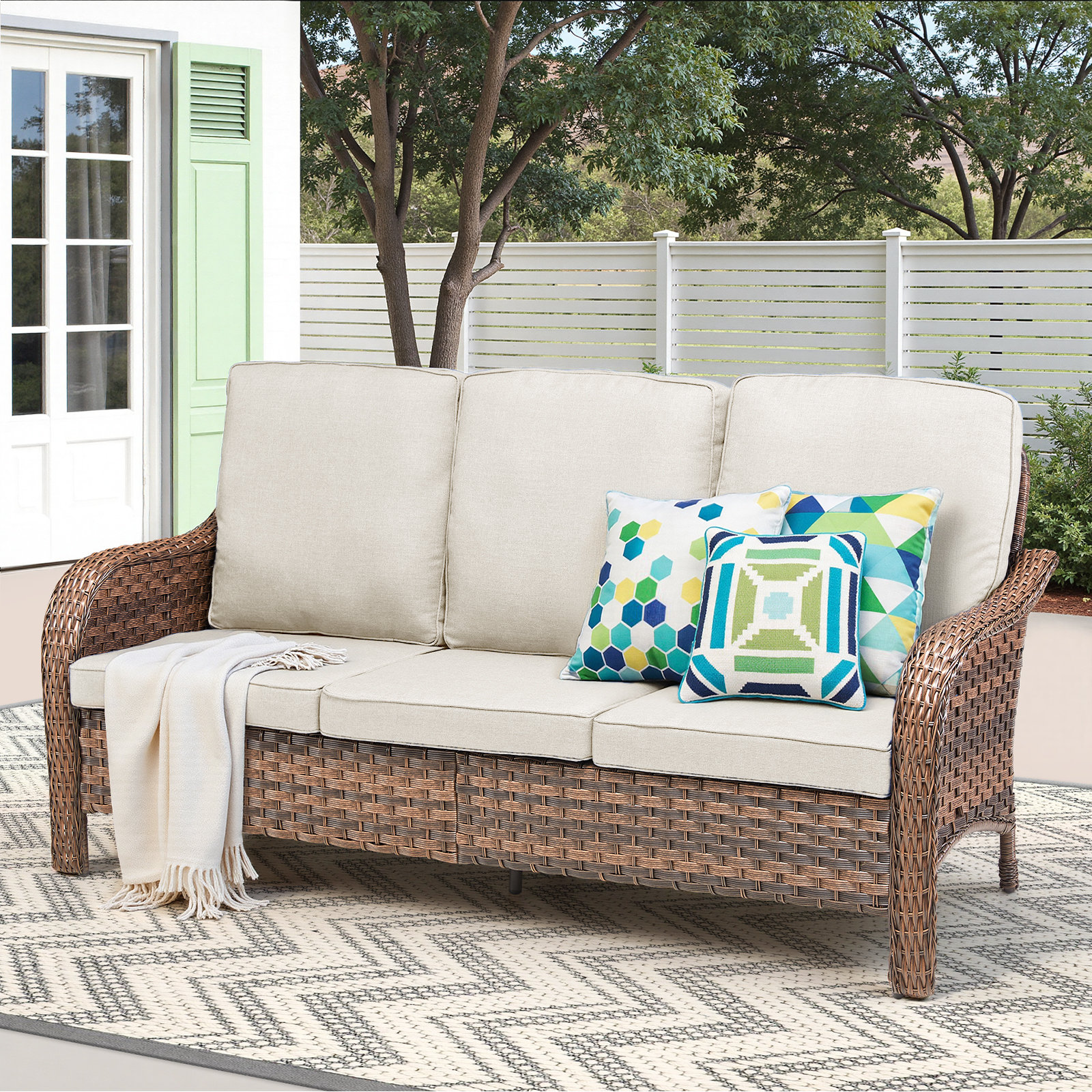 Winston Porter Wicker Outdoor Patio Sofa 3-Seater Outdoor Couch With ...