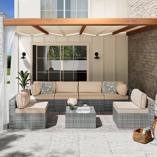 Latitude Run® 7 Pieces Patio Rattan Complete Patio Set with Cushions ...