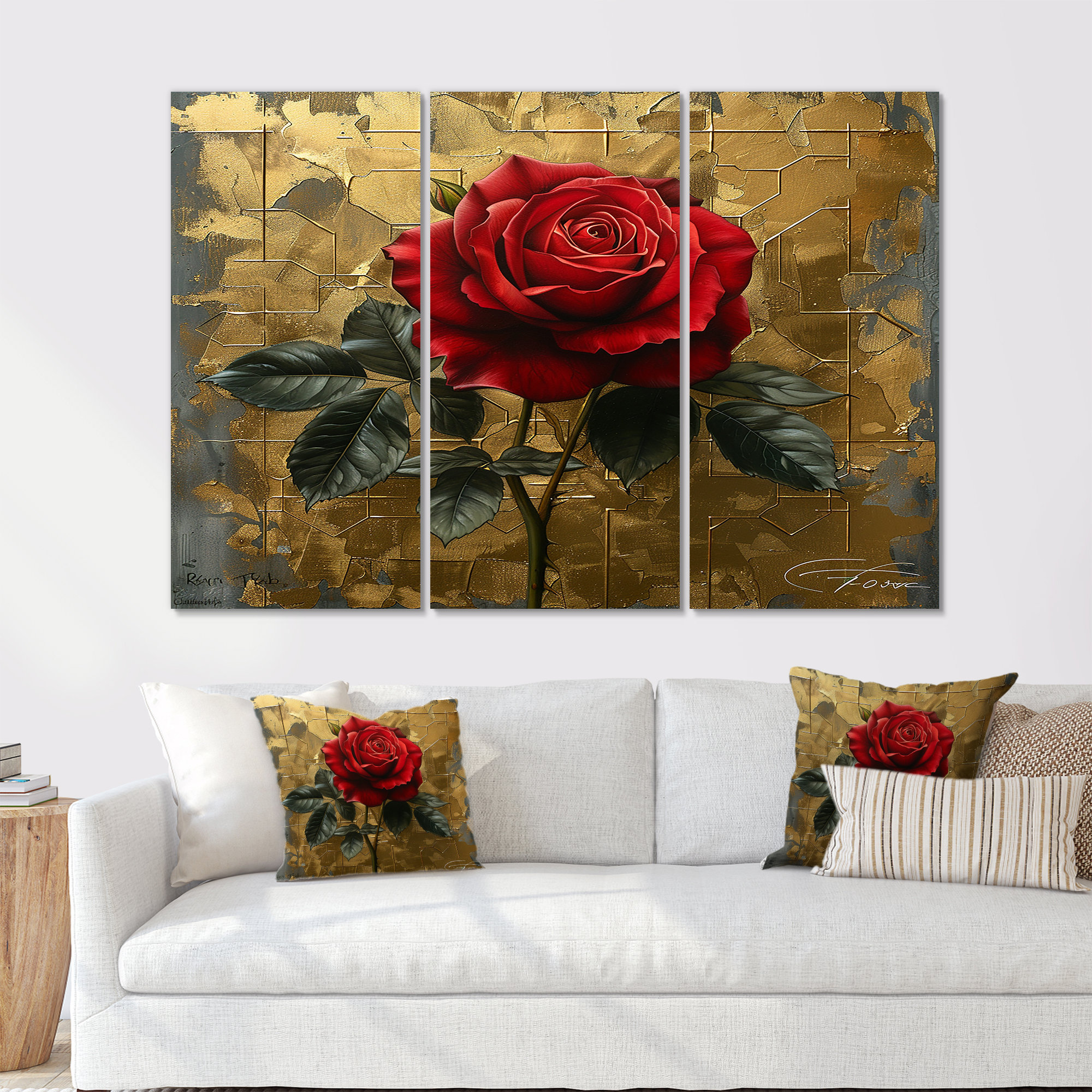 Design Art Red Rose Geometric Vintage Gold I - Rose Wall Art Living ...