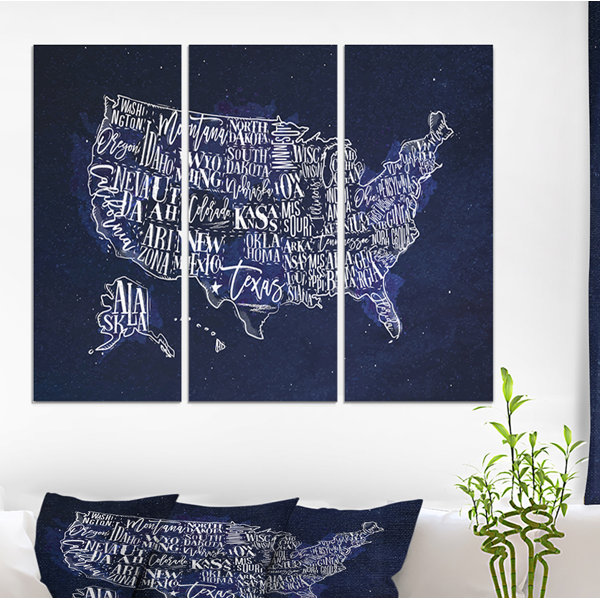 Bless international United States Blue Vintage Map On Canvas 3 Pieces ...