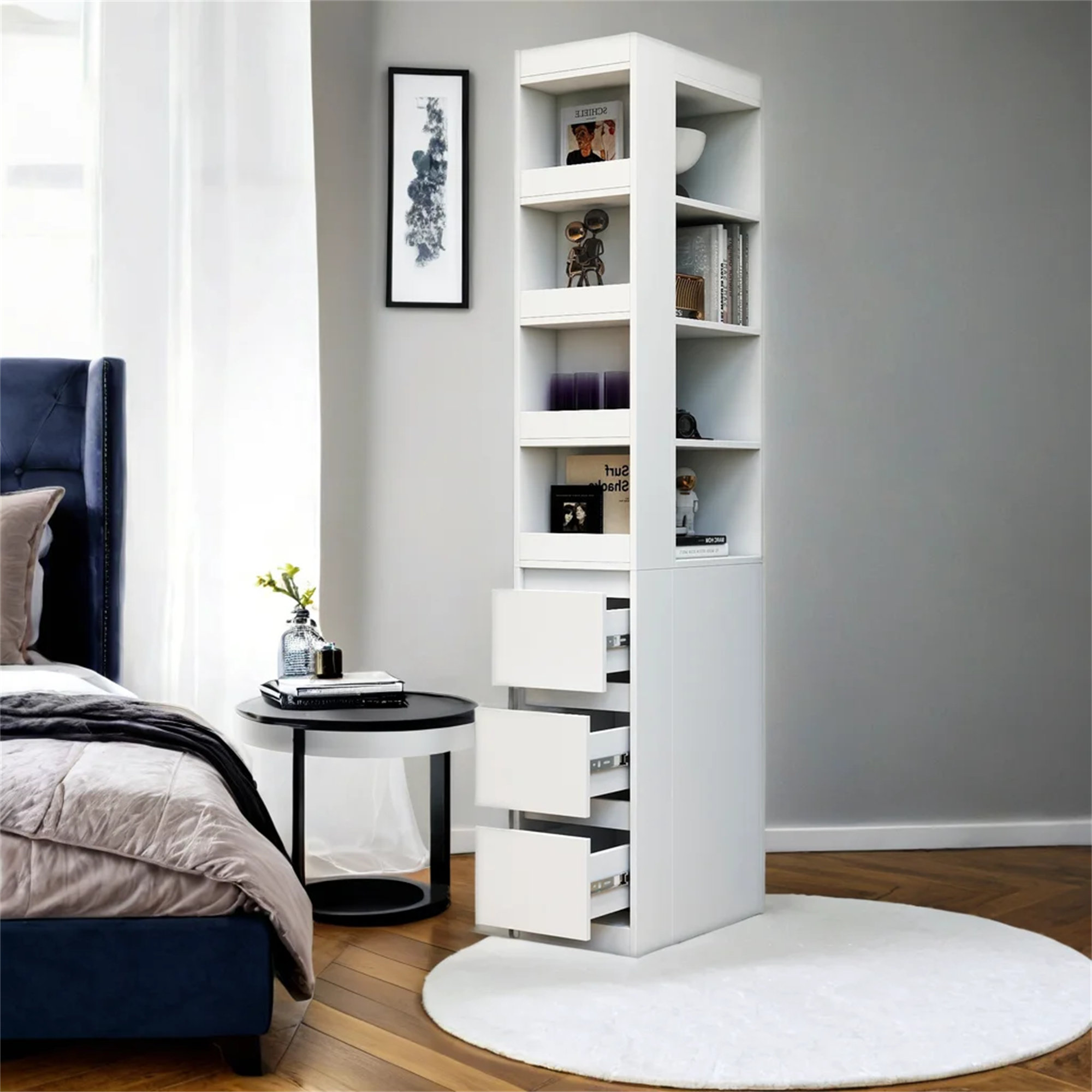 Millwood Pines Display Organizer With 4 Shelves, 3 Side Drawers And 4 ...