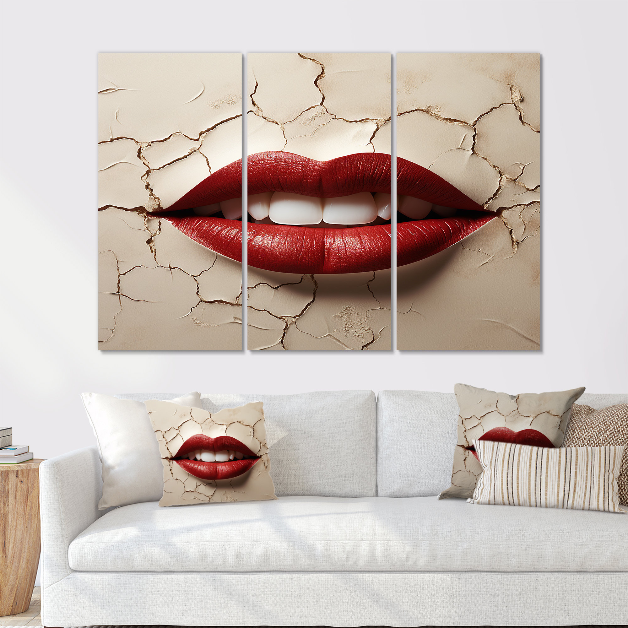 Design Art Smiling Woman Red Lips - Fashion Lips Wall Art Living Room ...