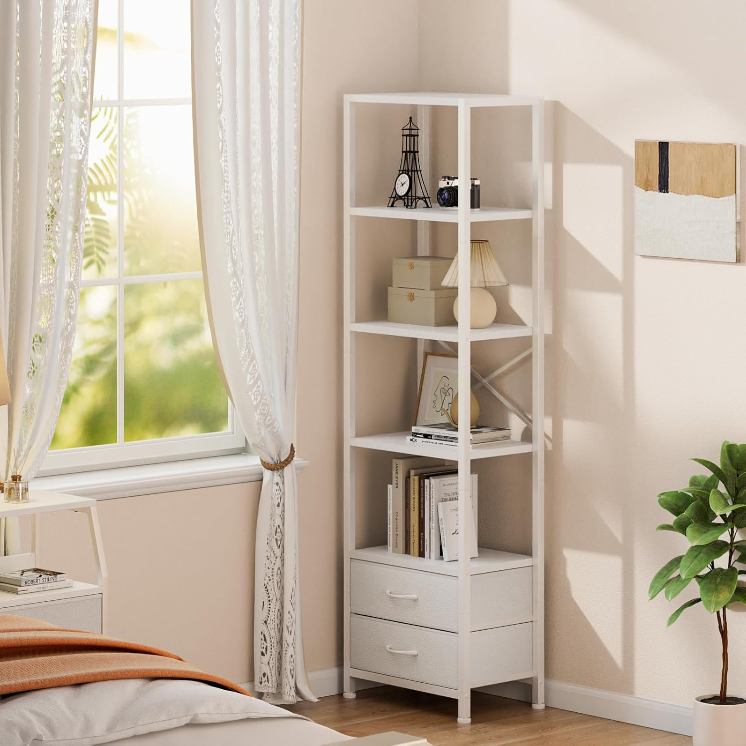 17 Stories 5-Tier Corner Bookshelf With Storage Drawers, Tall Narrow ...