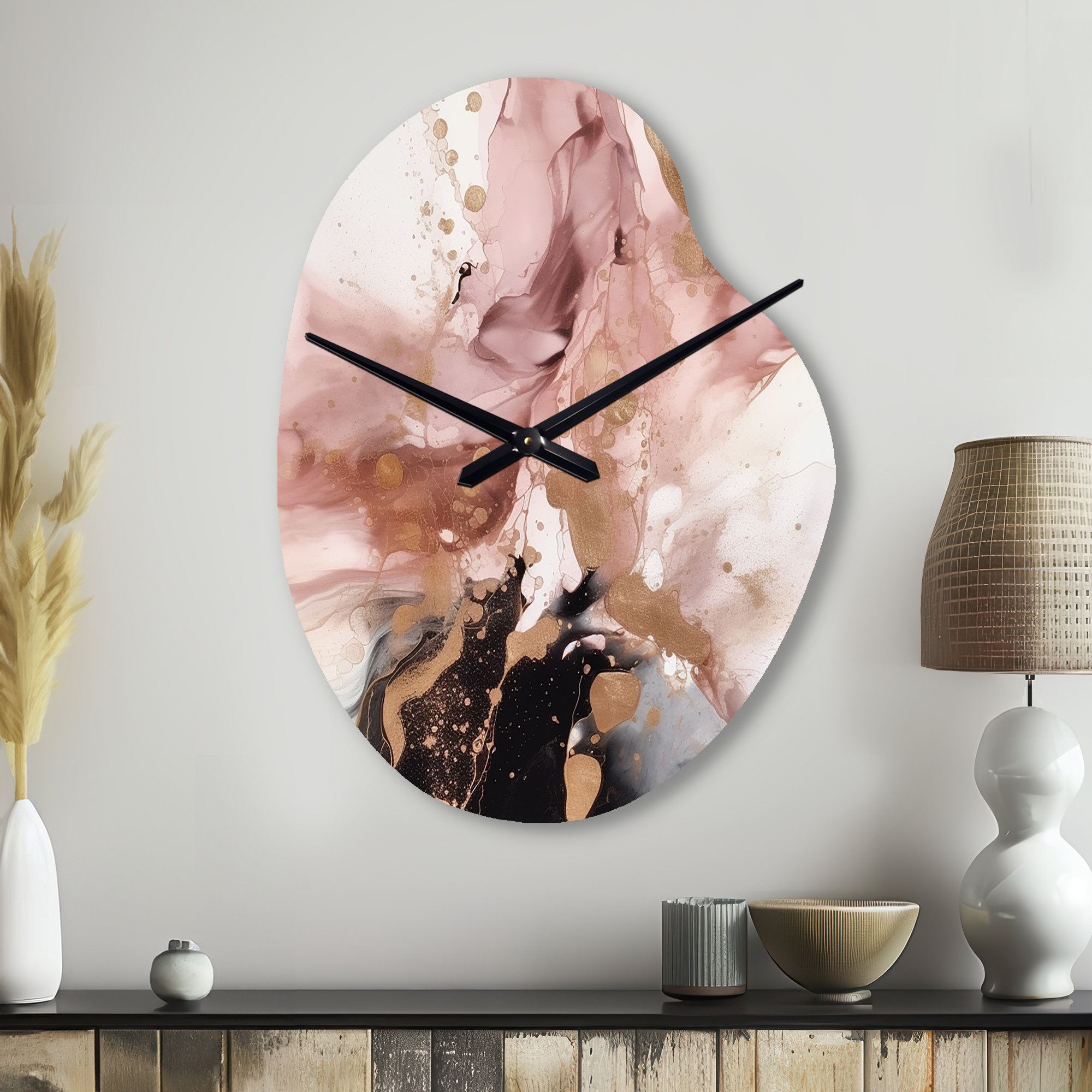 Design Art Pink Gold Marble Texture I - Asymmetrical Marble Metal Clock, Unique shape Metal ...