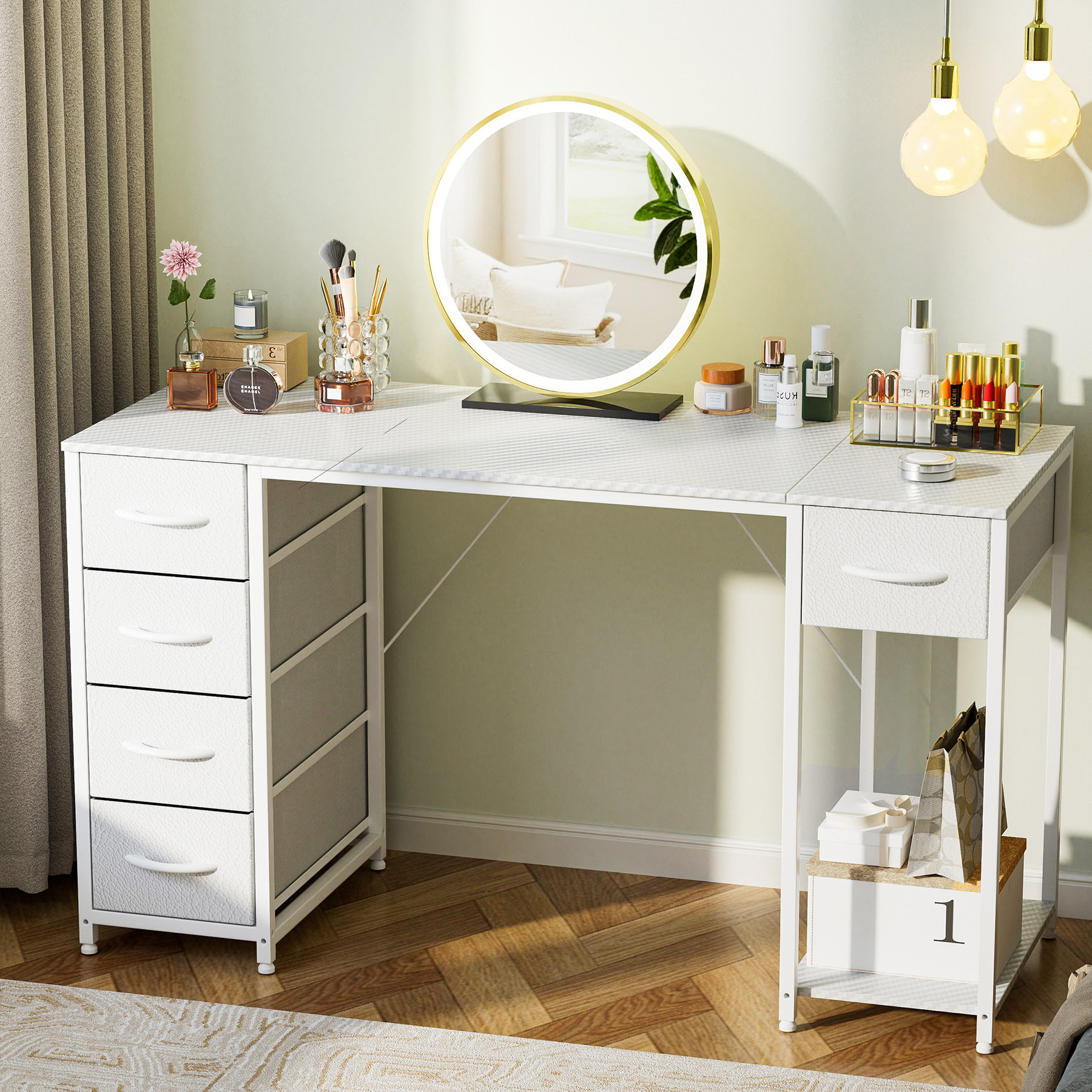 Ebern Designs Vanity Desk With 5 Fabric Drawers & Storage Shelves ...