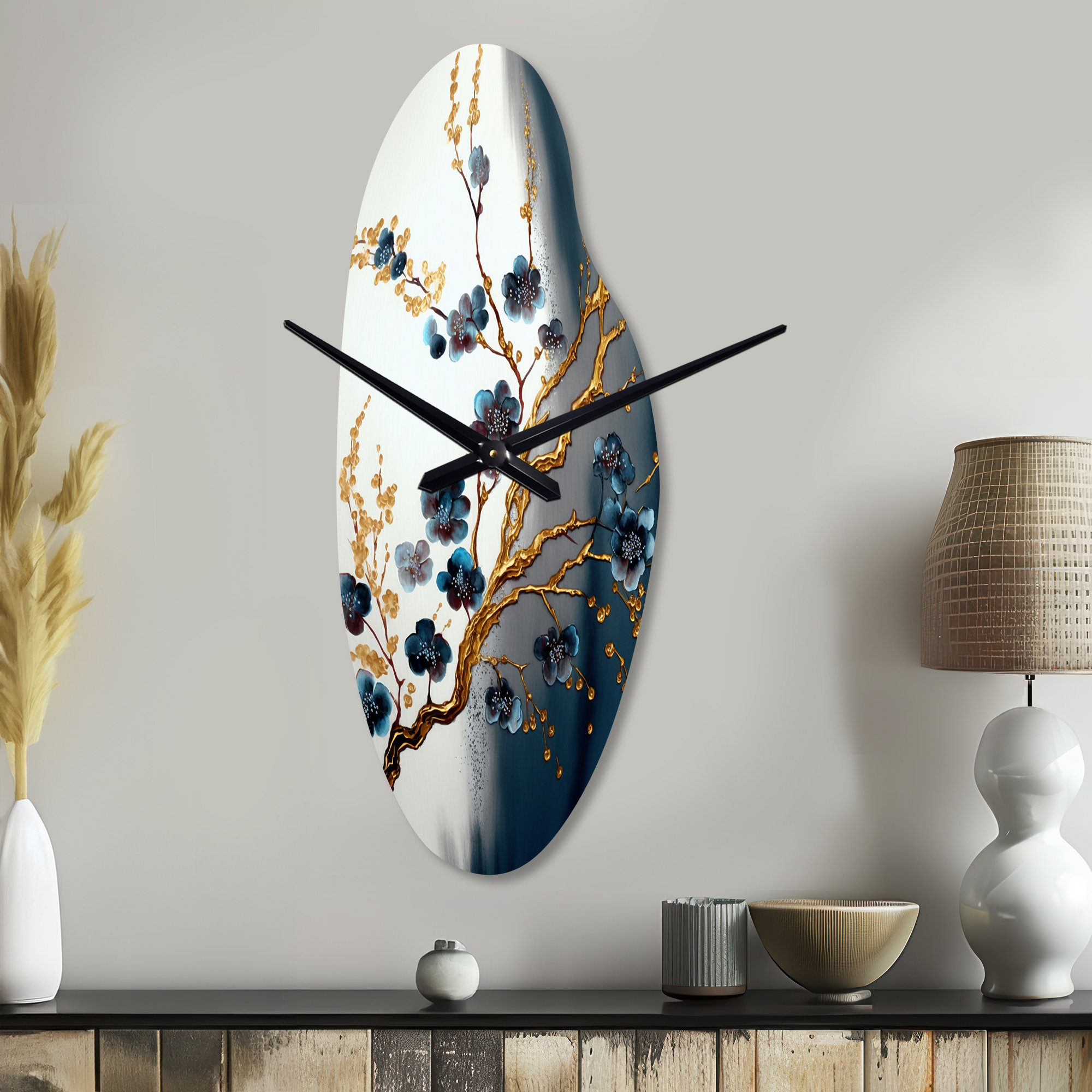 Design Art Blue Cherry Blossom Branch V - Bonsai Asymmetrical Metal ...