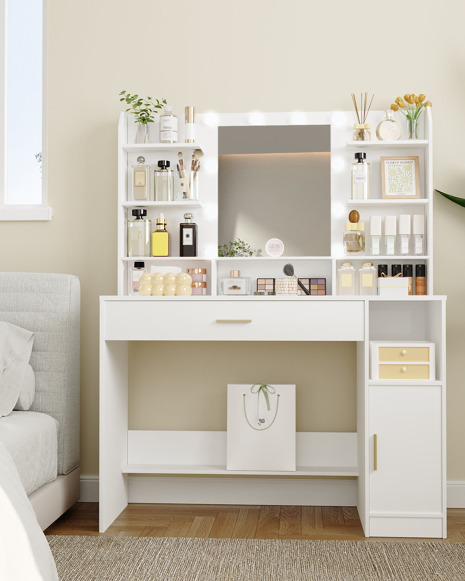 Mercer41 Vanity Desk with Mirror and 10 LED Lights, 3 Levels of ...