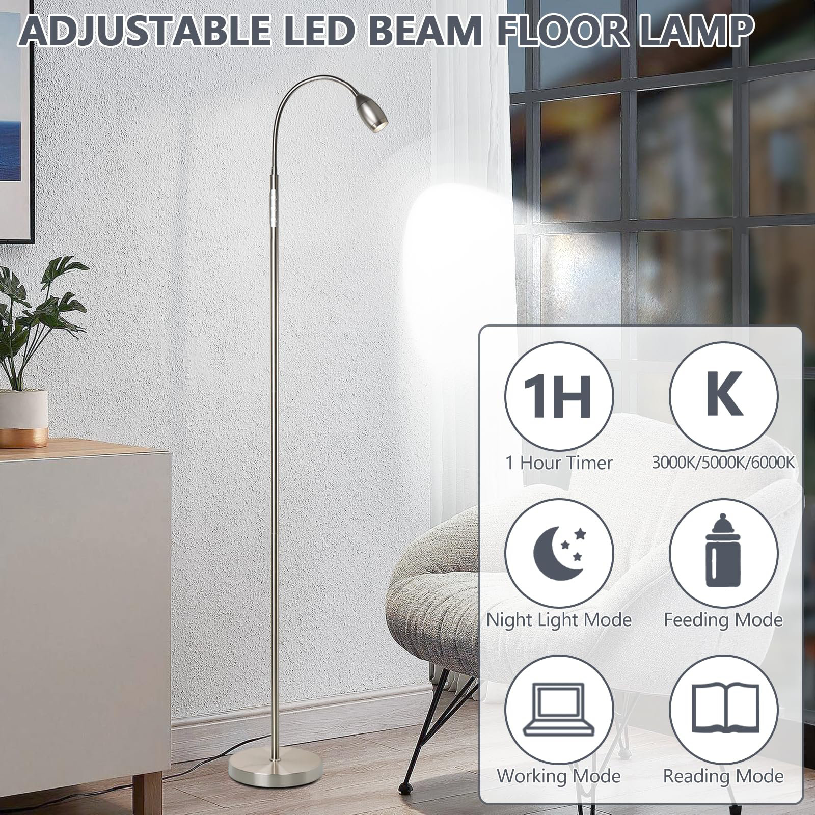 Ebern Designs Reading Floor Lamp, Tall LED Lamp With Flexible Gooseneck ...