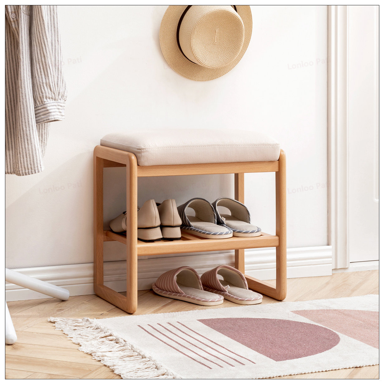 Ebern Designs Natural Solid Wood Shoe Bench with Storage and High ...