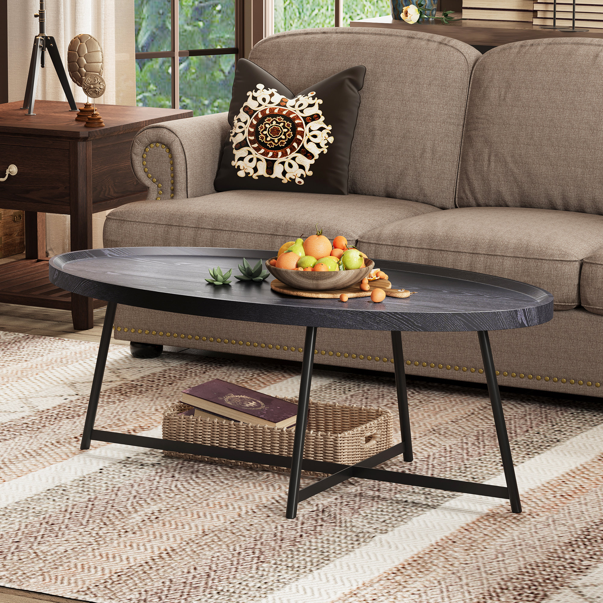 George Oliver Oval Wood Coffee Table Center Table With Metal Leg ...