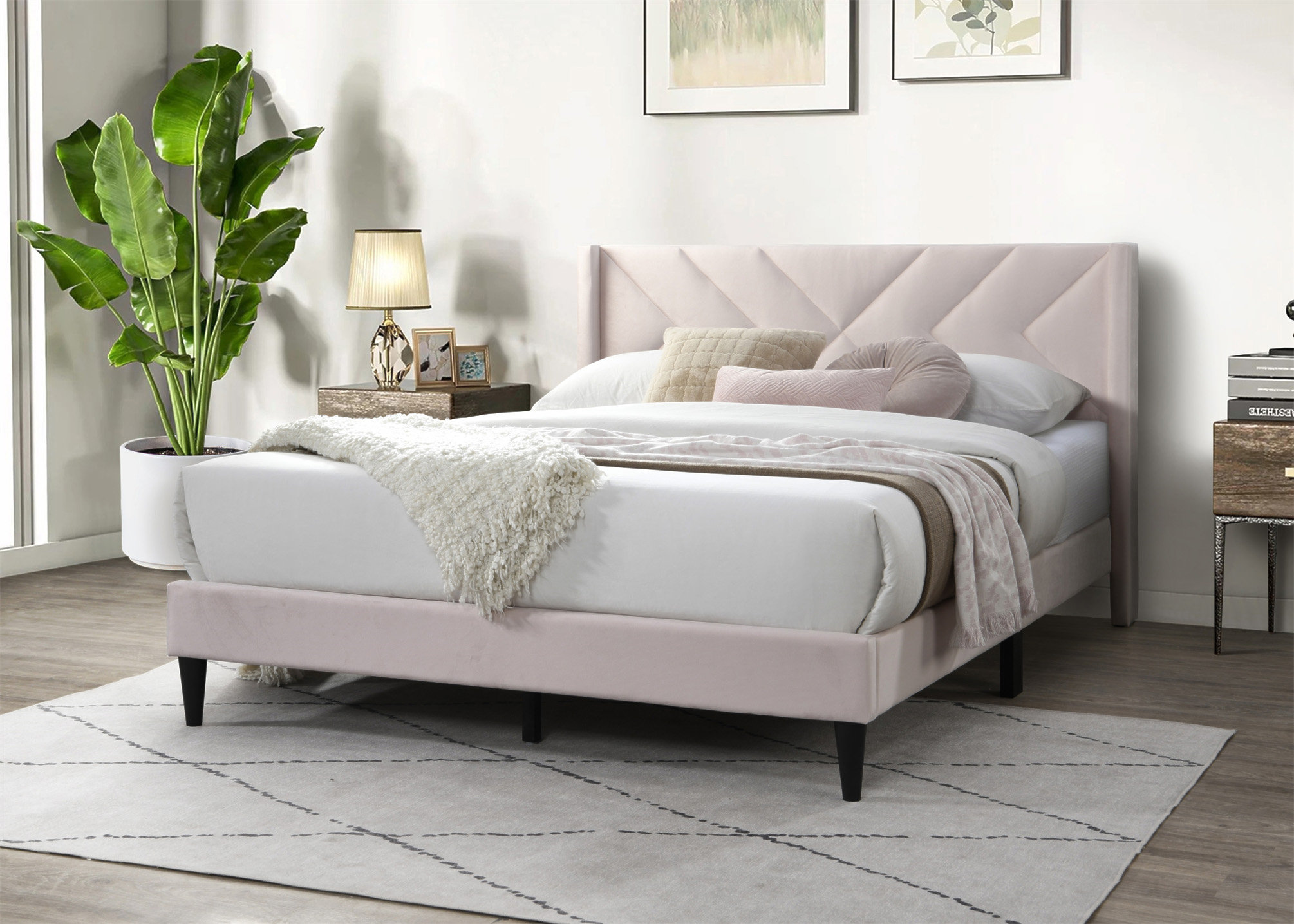 Mercer41 Elegant Modern Light Pink Velvet Upholstered Queen Size Bed ...