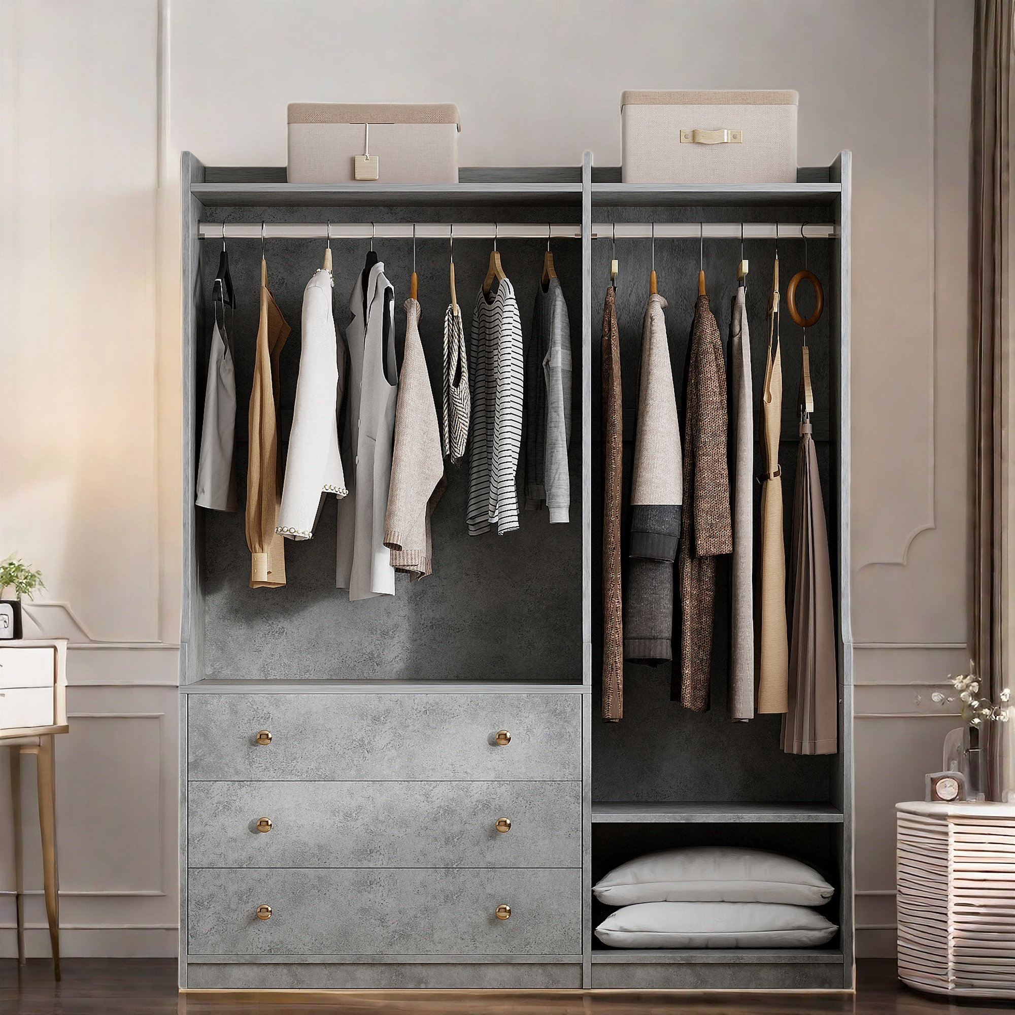 Latitude Run® Open Wooden Wardrobe With Dual Hanging Rods, Five Shelves ...