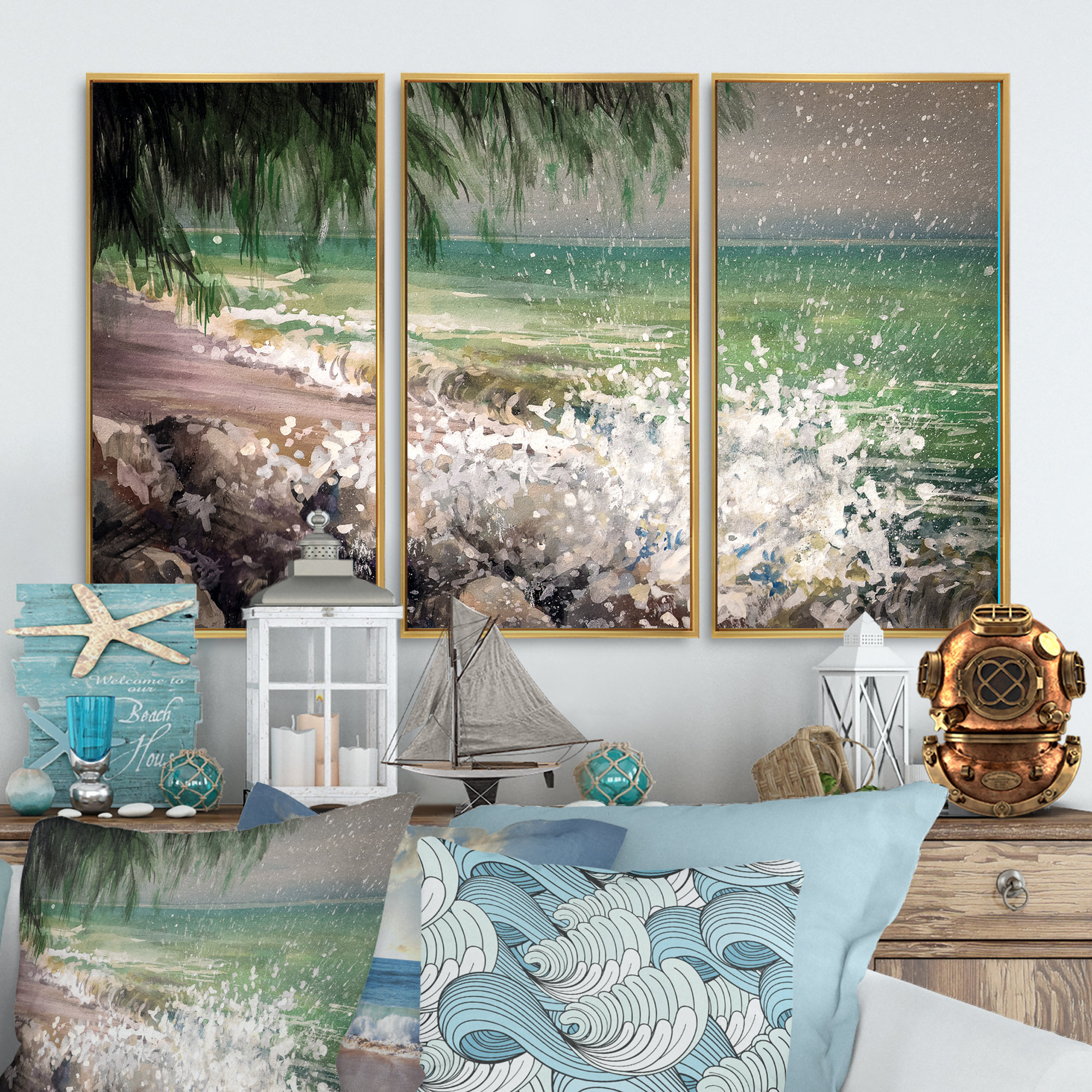 Rosecliff Heights Rocky Seashore With White Waves - Sea & Shore Framed ...