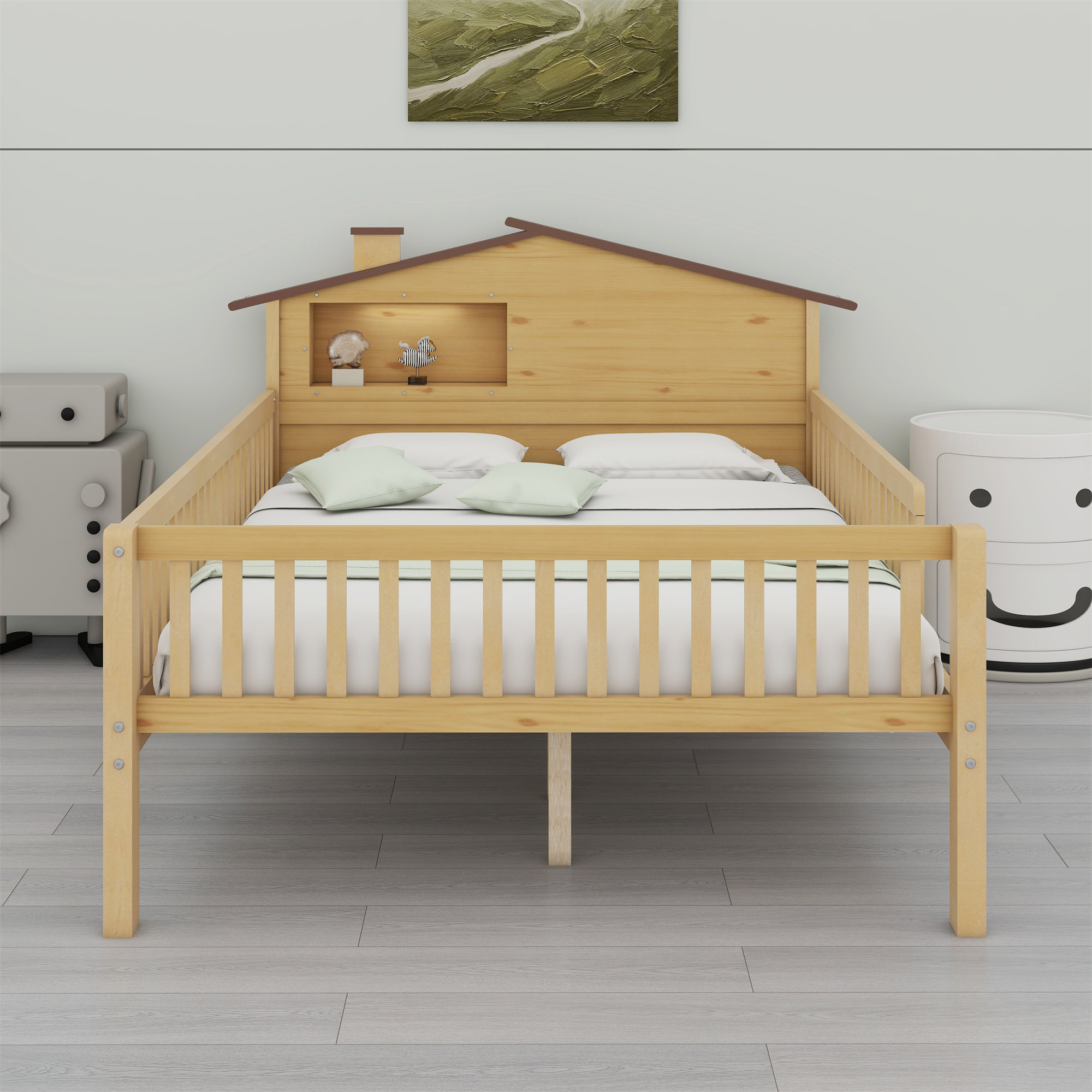 Gracie Oaks Wood Platform Bed With House-Shaped Headboard And LED And ...