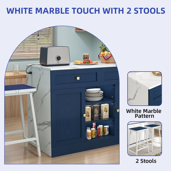 Wrought Studio™ Portable Kitchen Island Kitchen Table with 2 Bar Stools ...