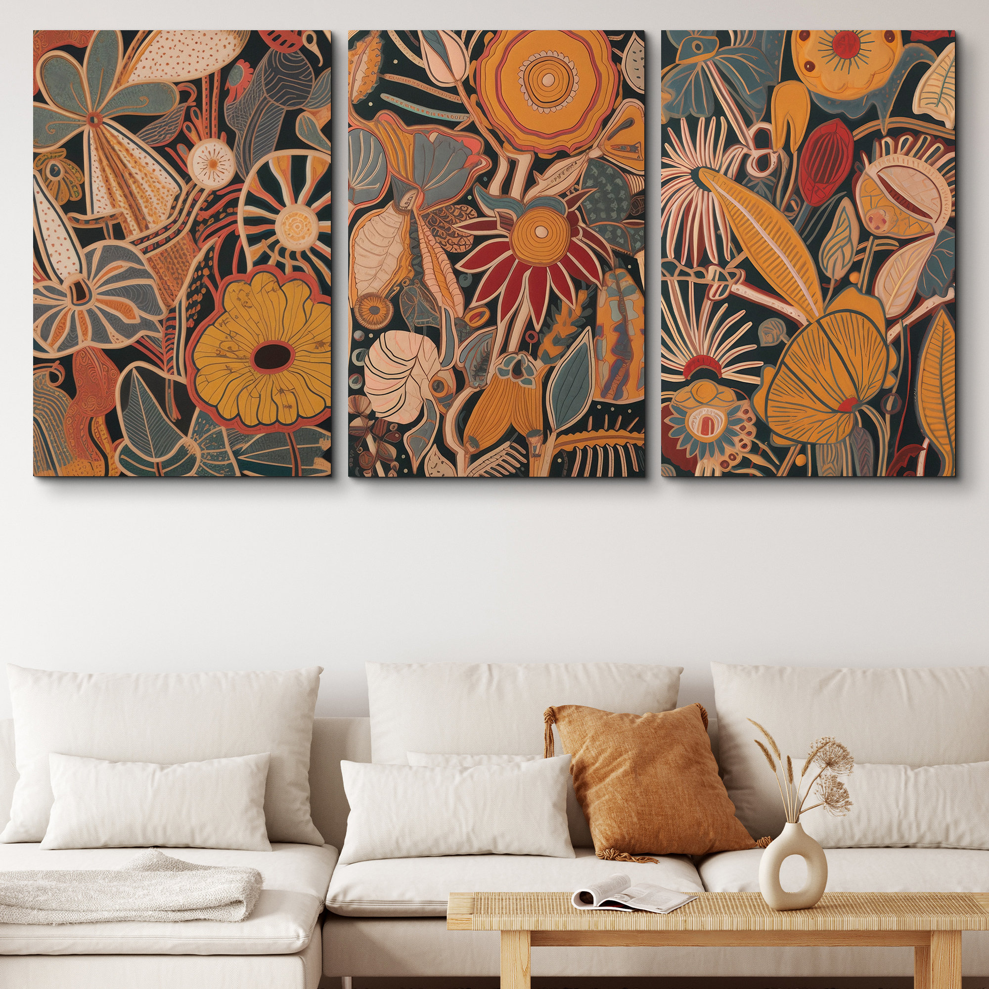 IDEA4WALL Abstract Botanical " Bold Bohemian Flower Artwork Above Sofa ...