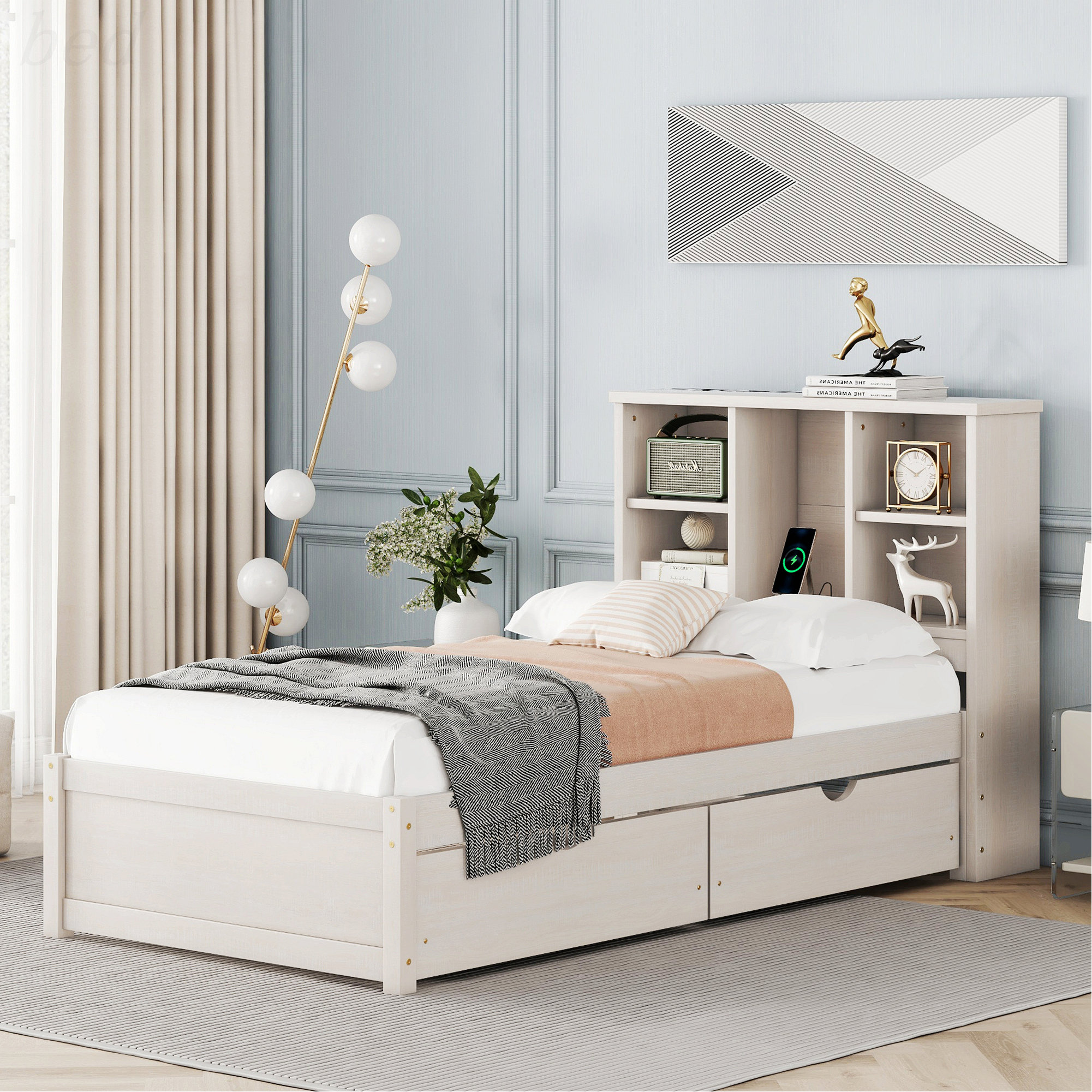 Lark Manor Bed Frame Bed Frame With Built-in USB Port on Bookcase ...