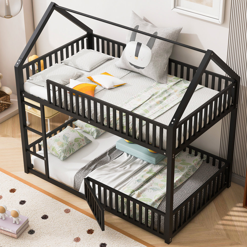 Latitude Run® Sturdy Metal Twin over Twin House Bunk Bed with Fence ...