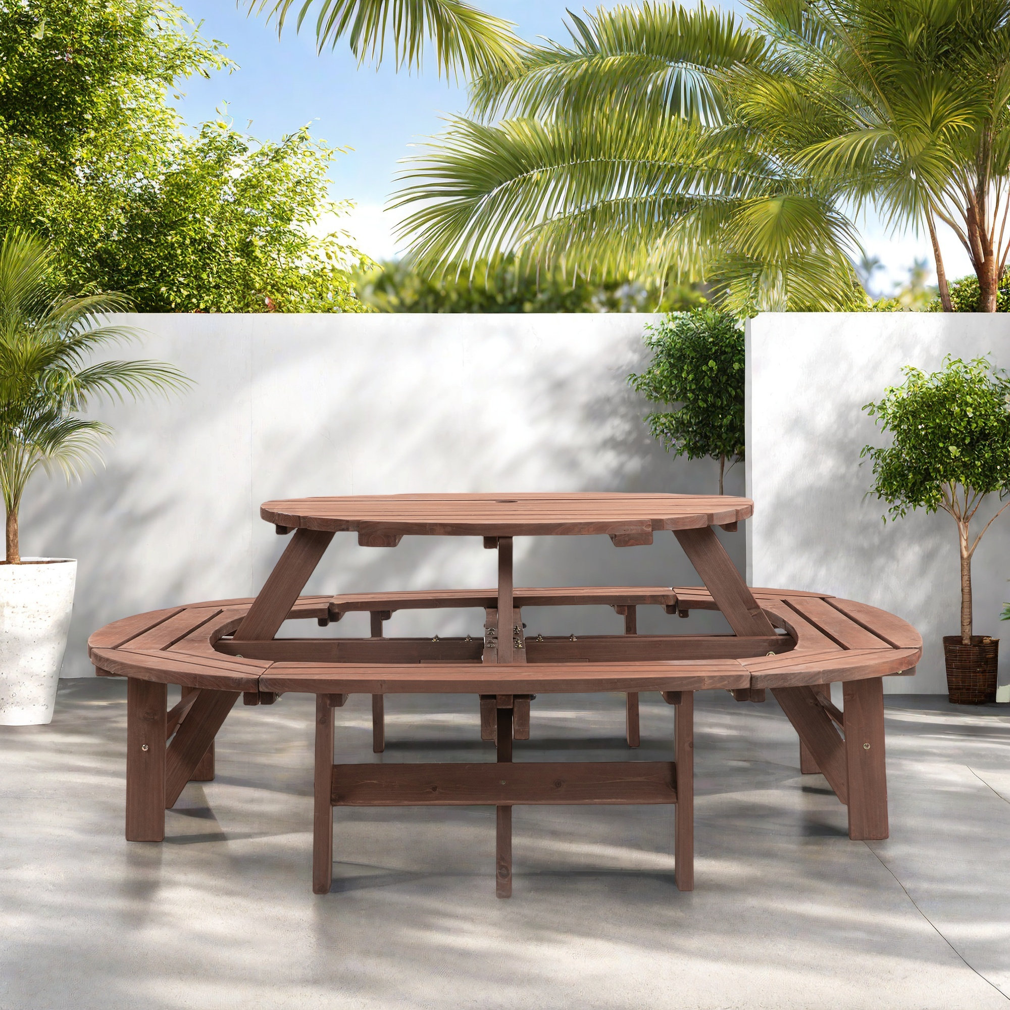 Lark Manor™ 10-12-person Round Outdoor Wooden Picnic Table With 1 Built-in Ring Stool, An ...