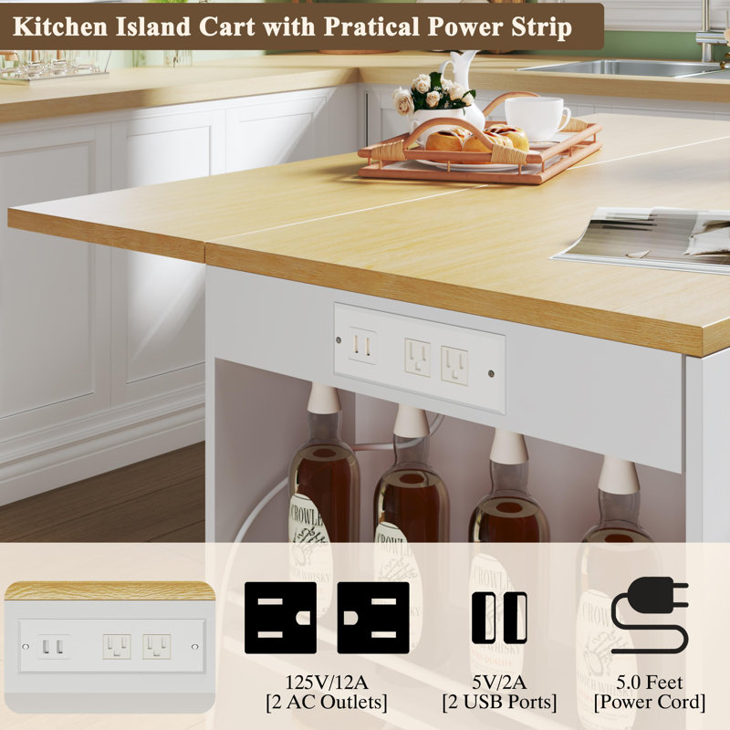 Ebern Designs 43" Rolling Kitchen Island With Hidden Wheels & 2 Stools ...