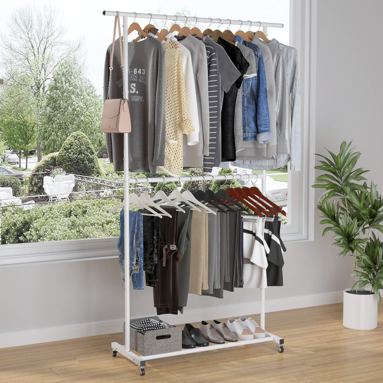 Rebrilliant Double Rod Clothing Garment Rack, Rolling Clothes Organizer ...