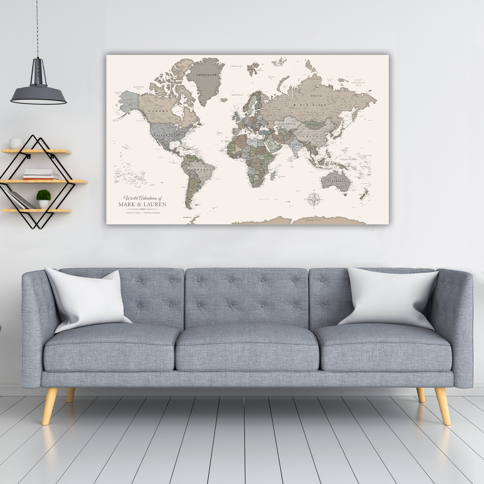 Holy Cow Canvas Personalized Muted Earth Tones Push Pin World Map ...