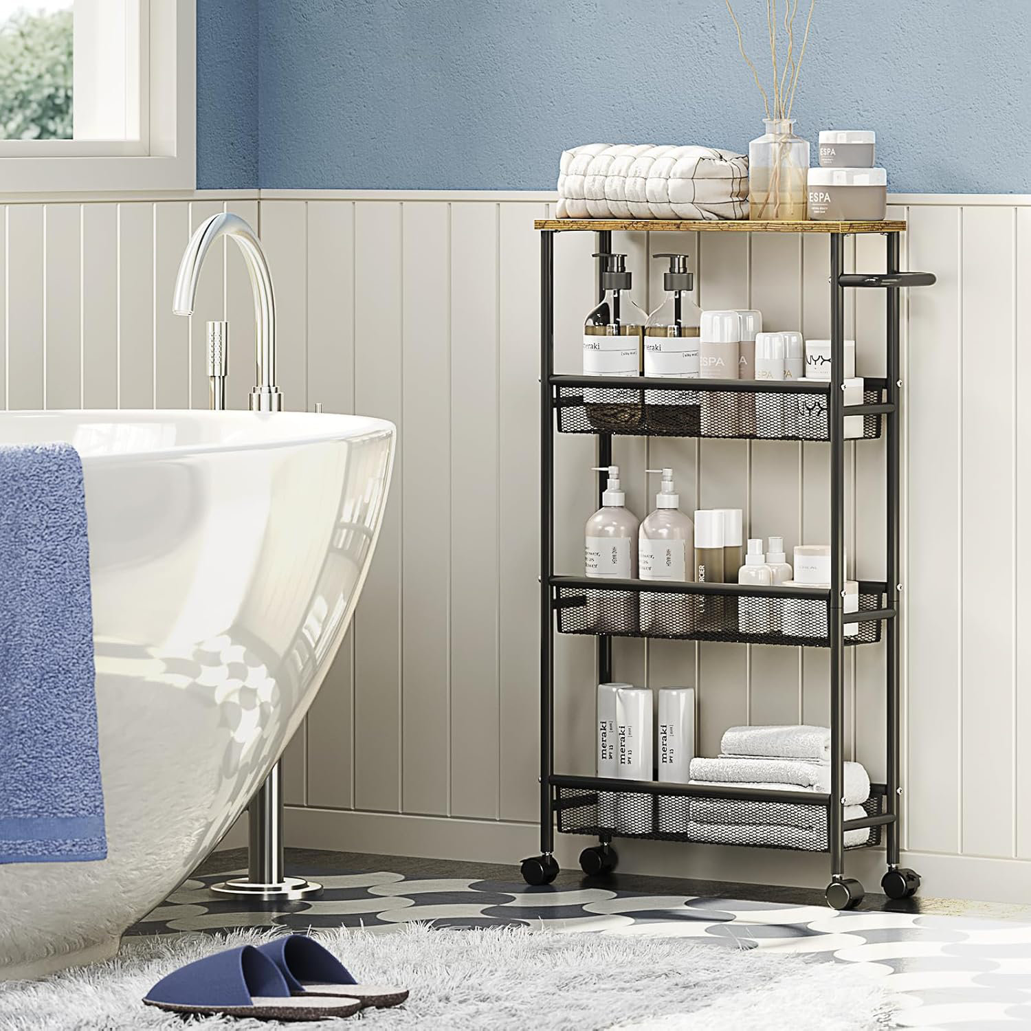 Shimano Slim Rolling Storage Cart, 4 Tier Narrow Utility Cart Bathroom ...