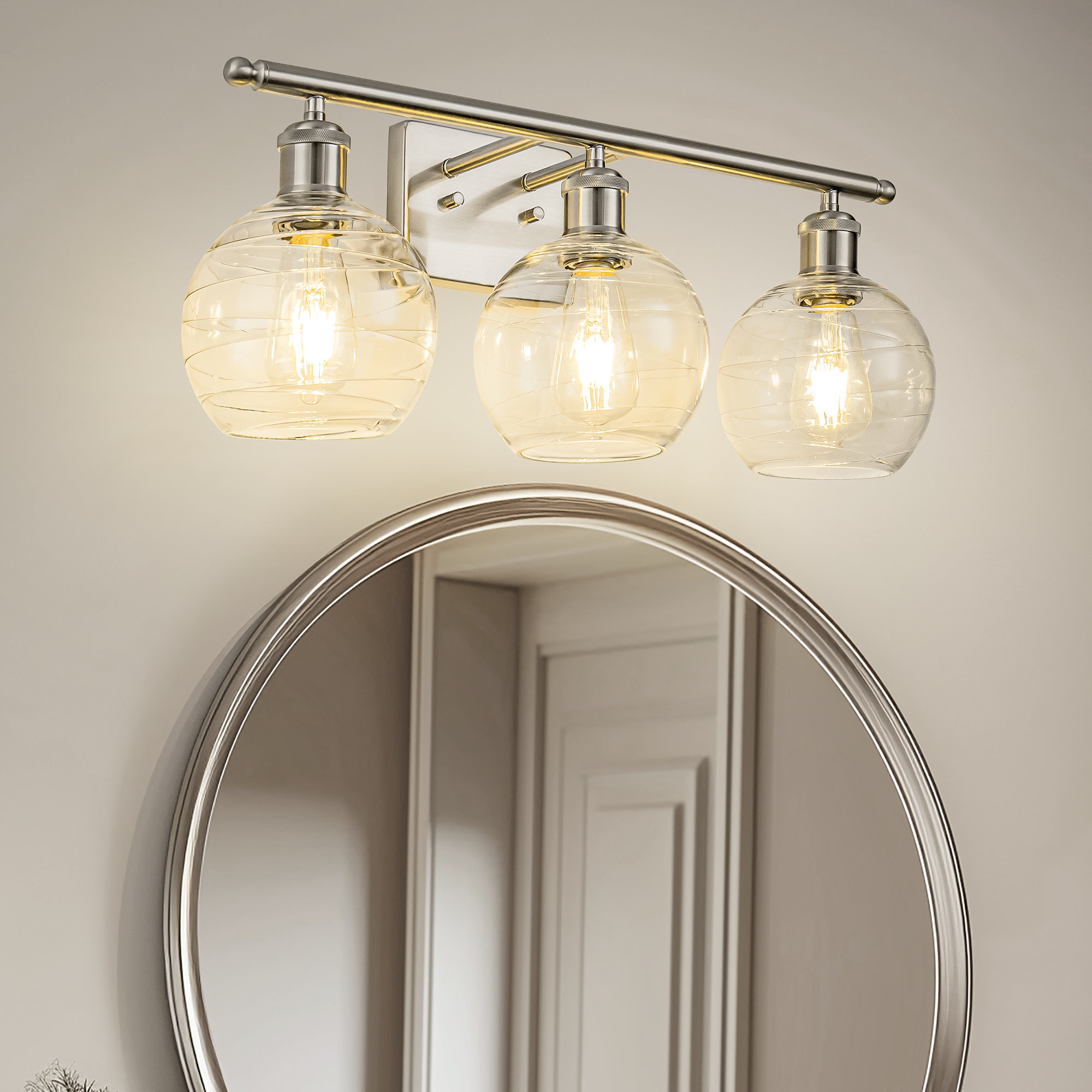 Ebern Designs 23 In. 3-Light Brushed Nickel Vanity Light With Clear ...