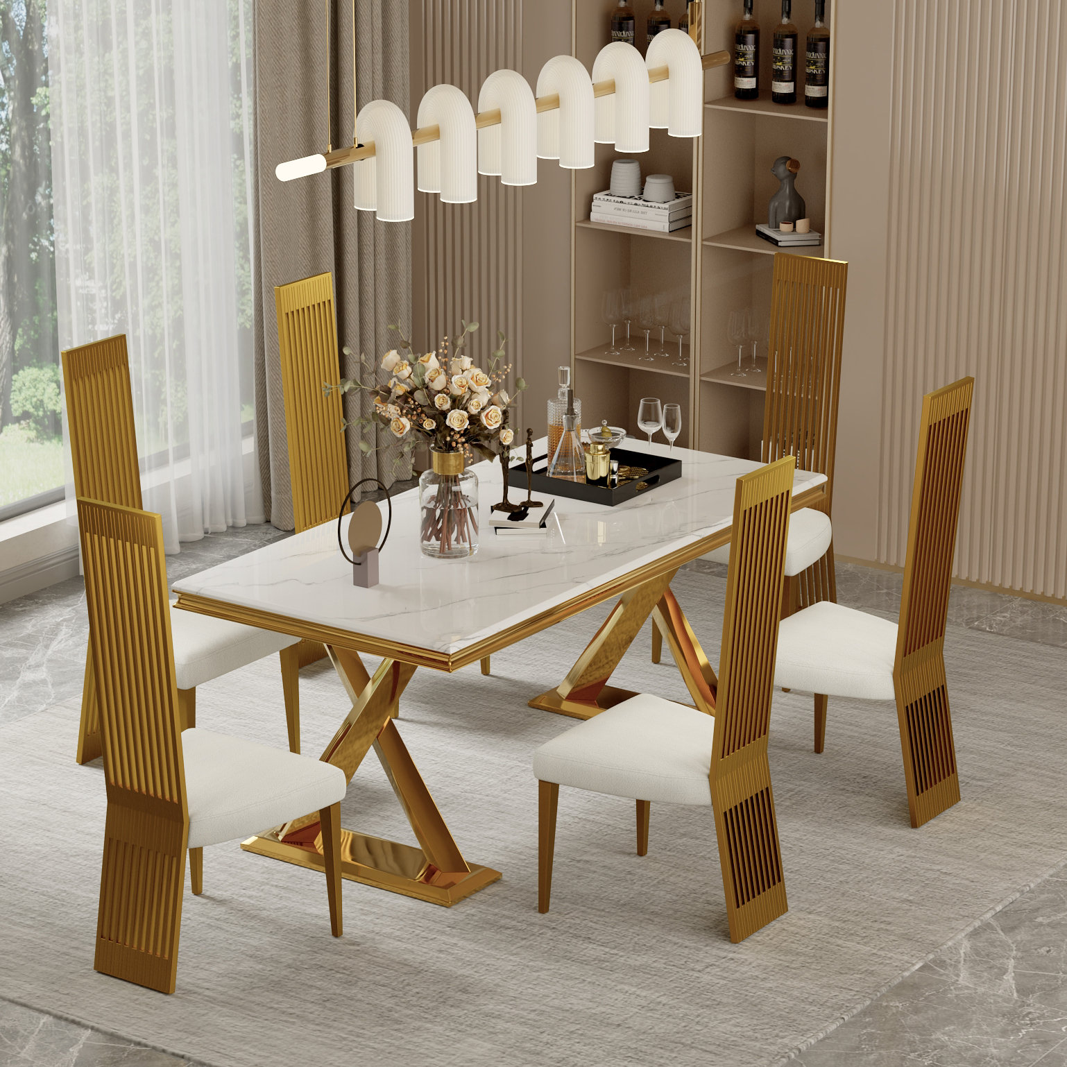Everly Quinn 7-Piece Dining Table Set, Luxury White And Gold Dining ...