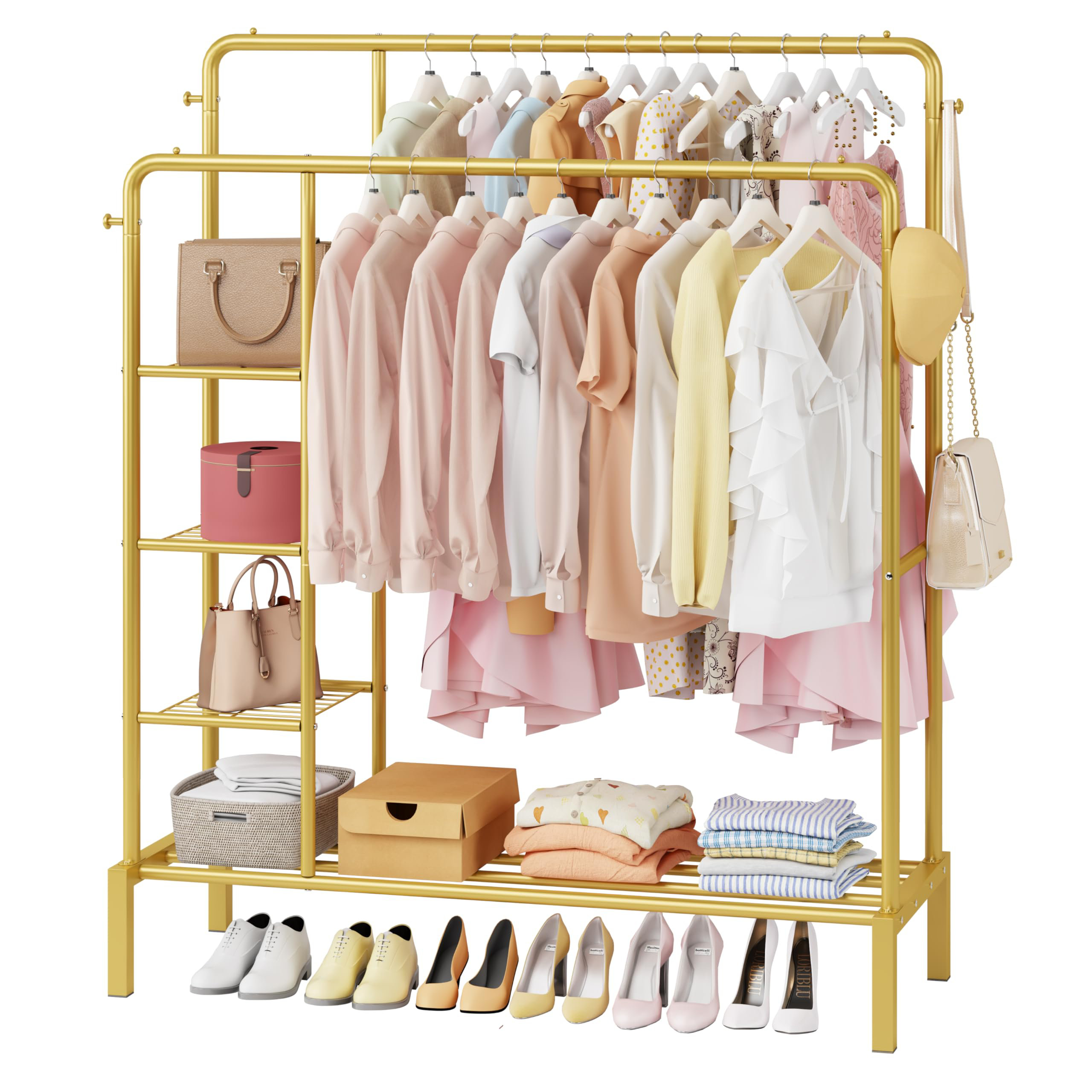 Everly Quinn Garment Rack with 4 Tier Closet Shelves & 4 Hooks for ...